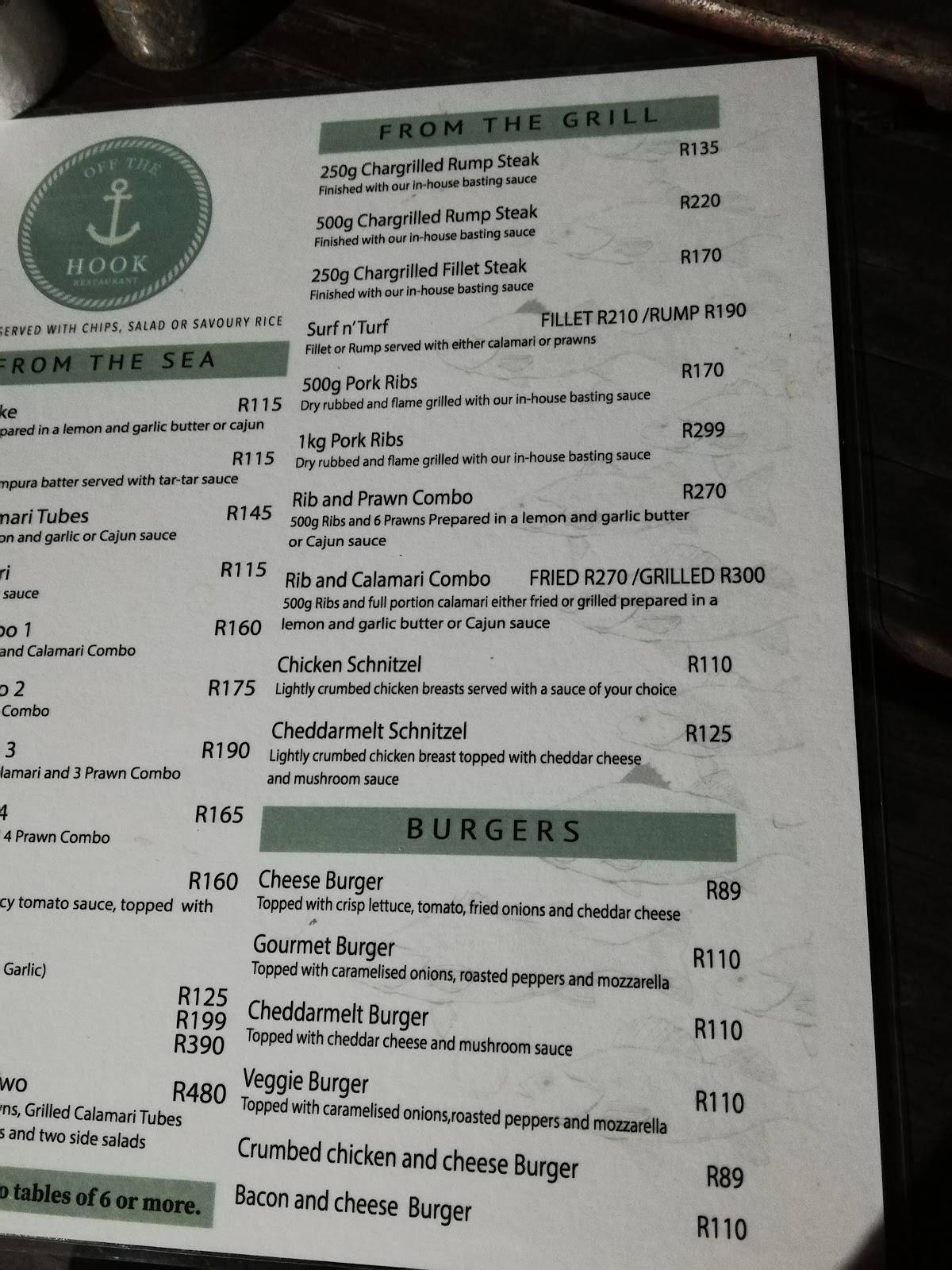 Menu at Off the Hook restaurant, Port Elizabeth