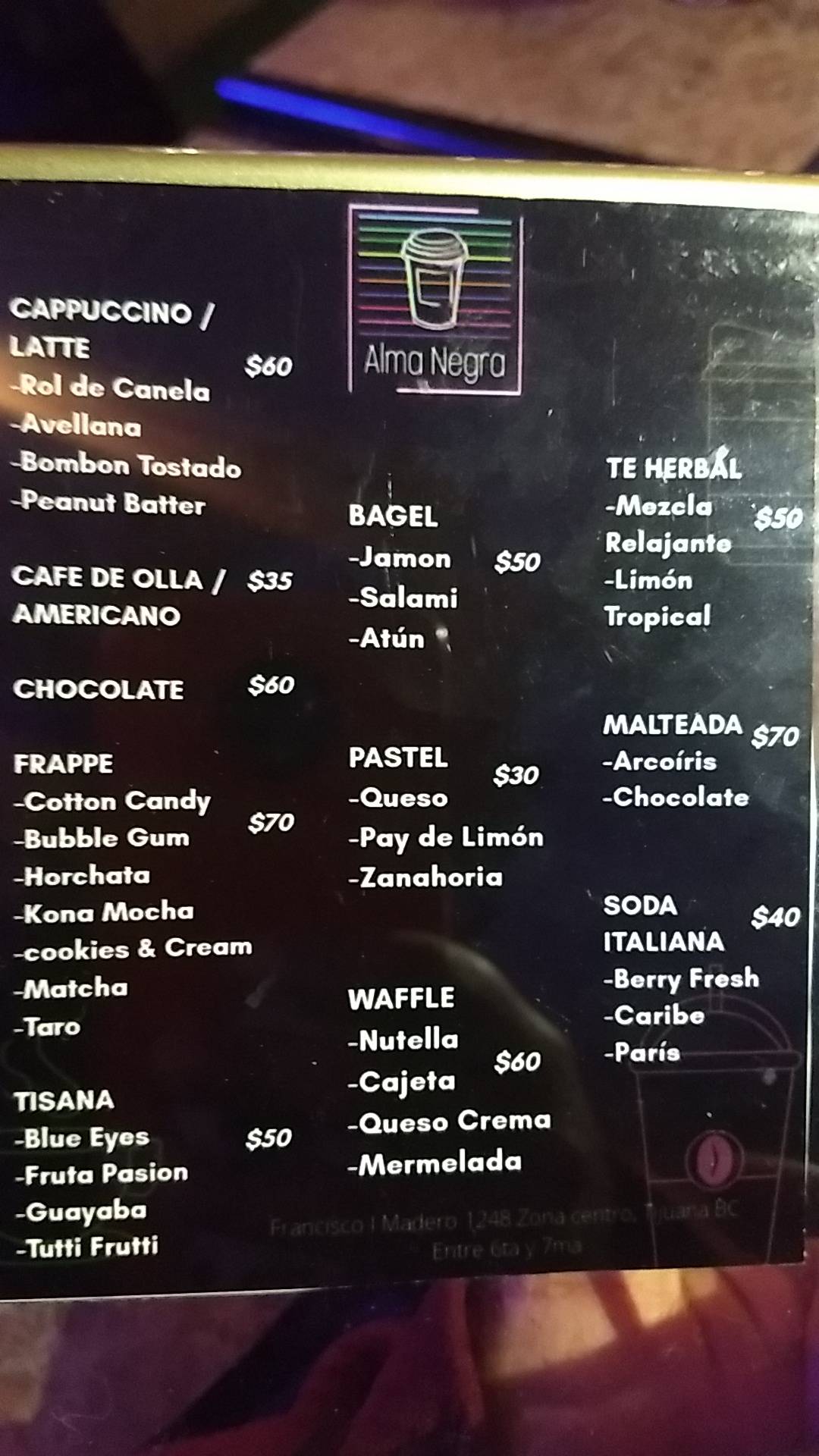 Menu at Oh Magic cafe, Tijuana
