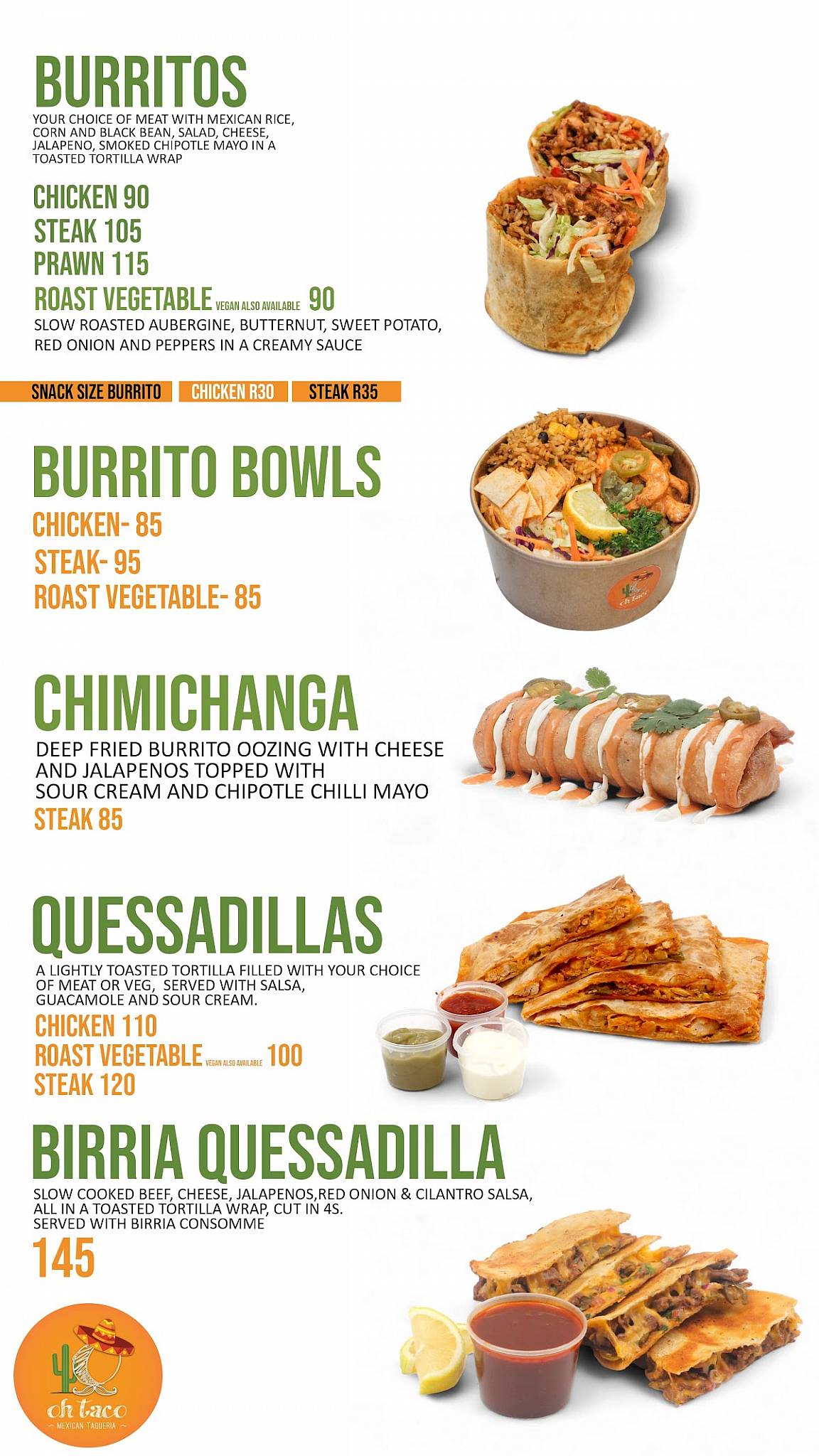 Menu at Oh taco restaurant, Durban