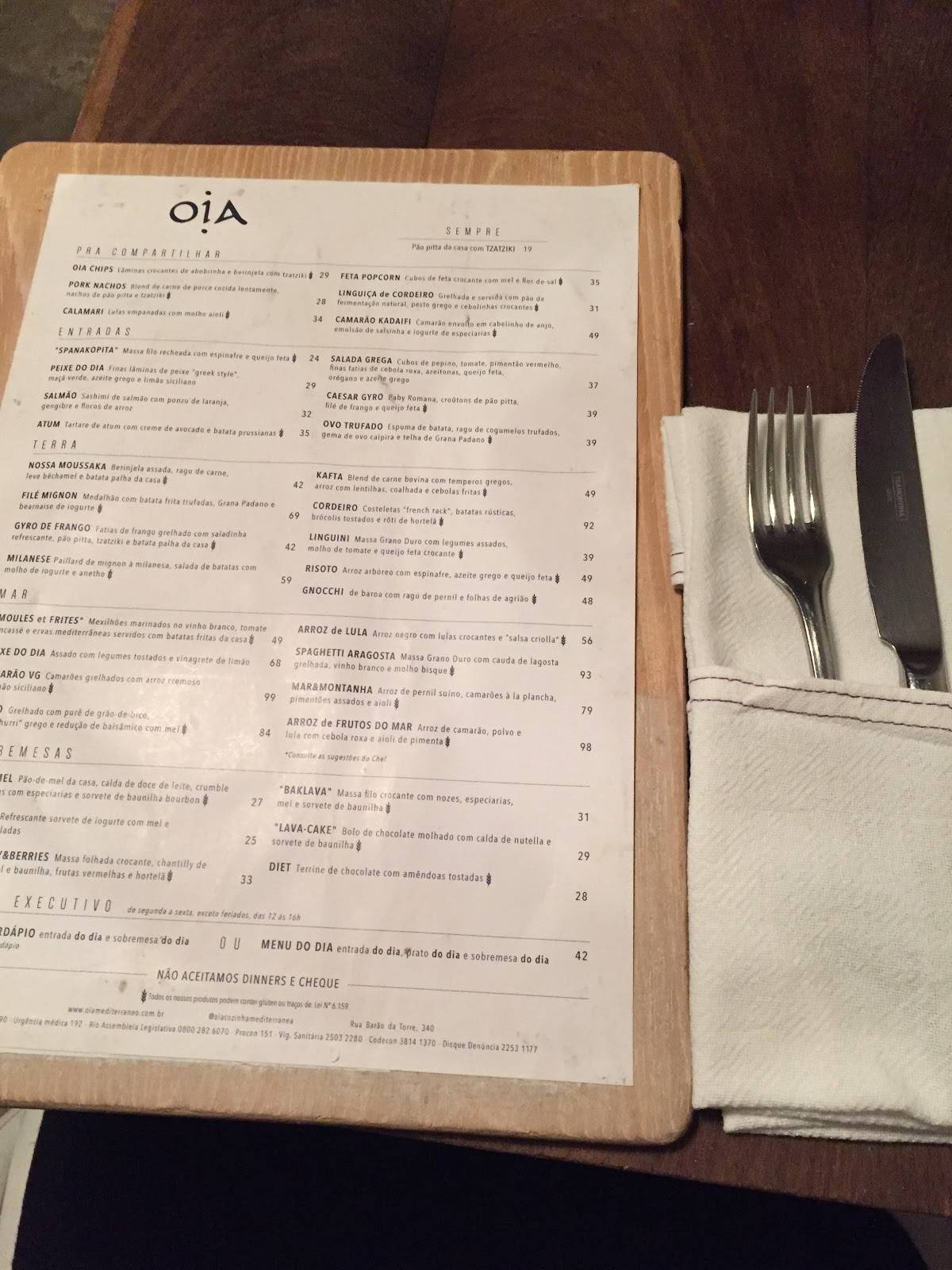 Menu em Oia Cozinha Mediterrânea restaurante, Rio de Janeiro