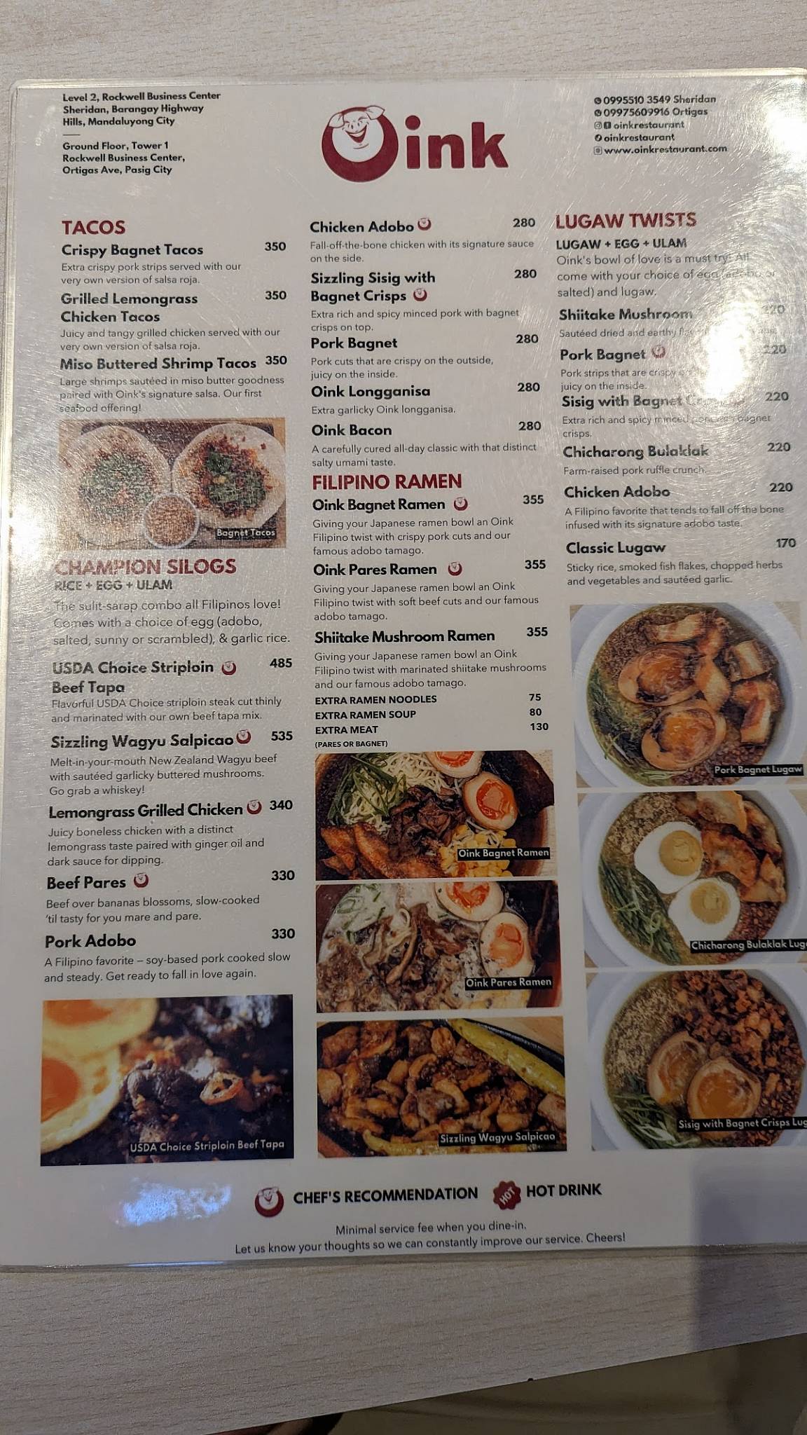 Menu at Oink at Rockwell Sheridan restaurant, Mandaluyong