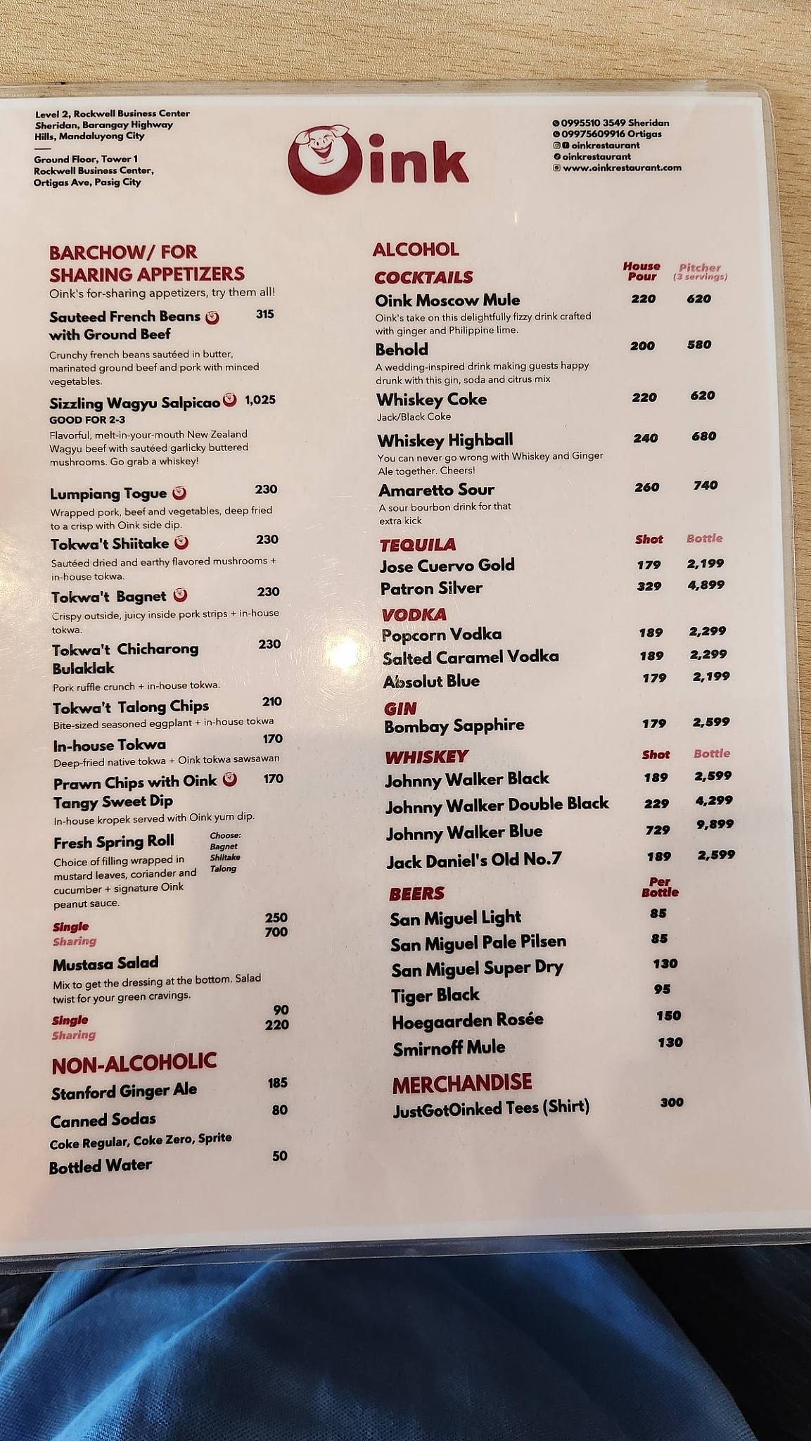 Menu at Oink at Rockwell Sheridan restaurant, Mandaluyong