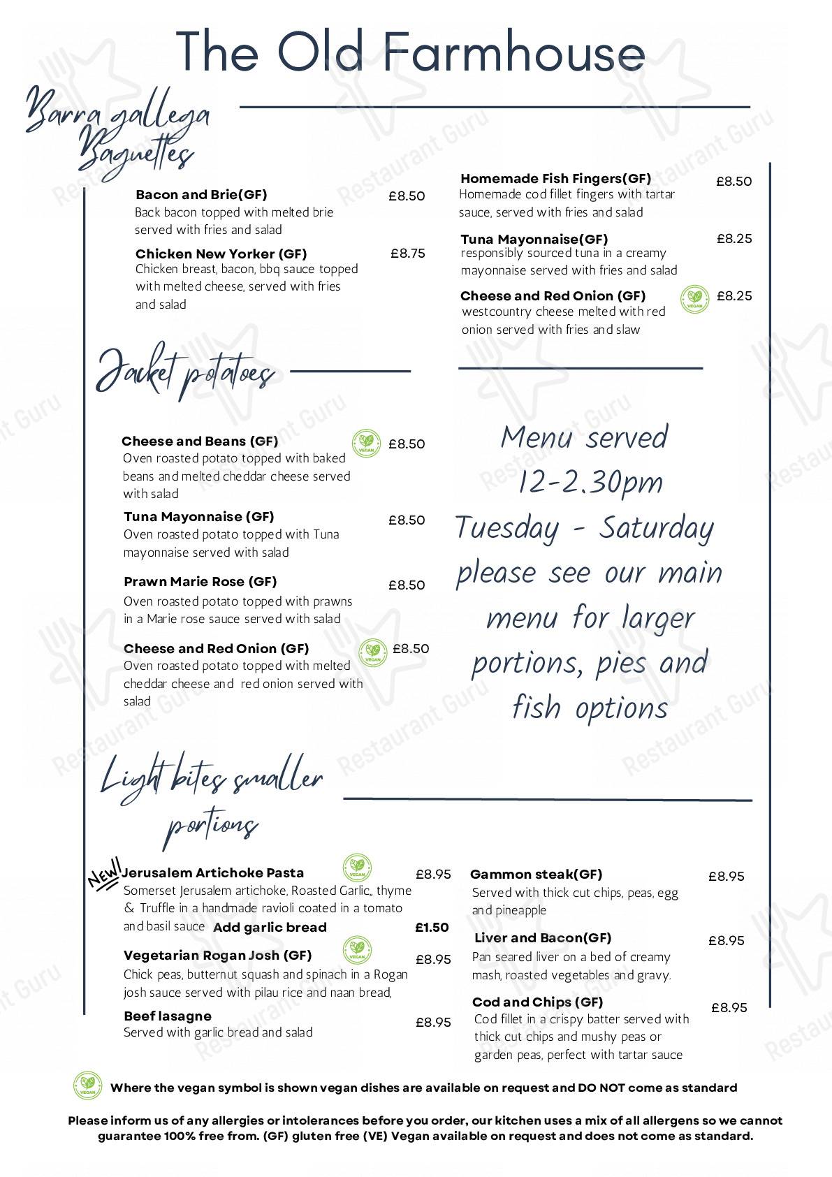Menu at The Old Farmhouse Nailsea pub & bar, Nailsea, Trendlewood Way