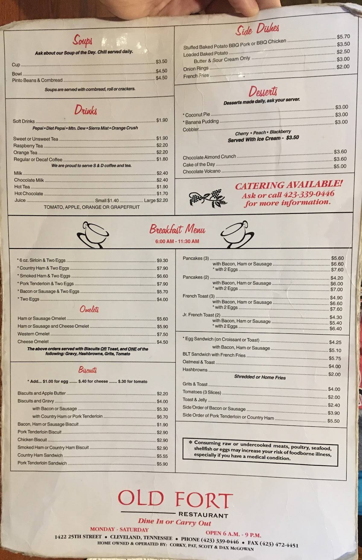 Menu at Old Fort restaurant, Cleveland, 25th St NW