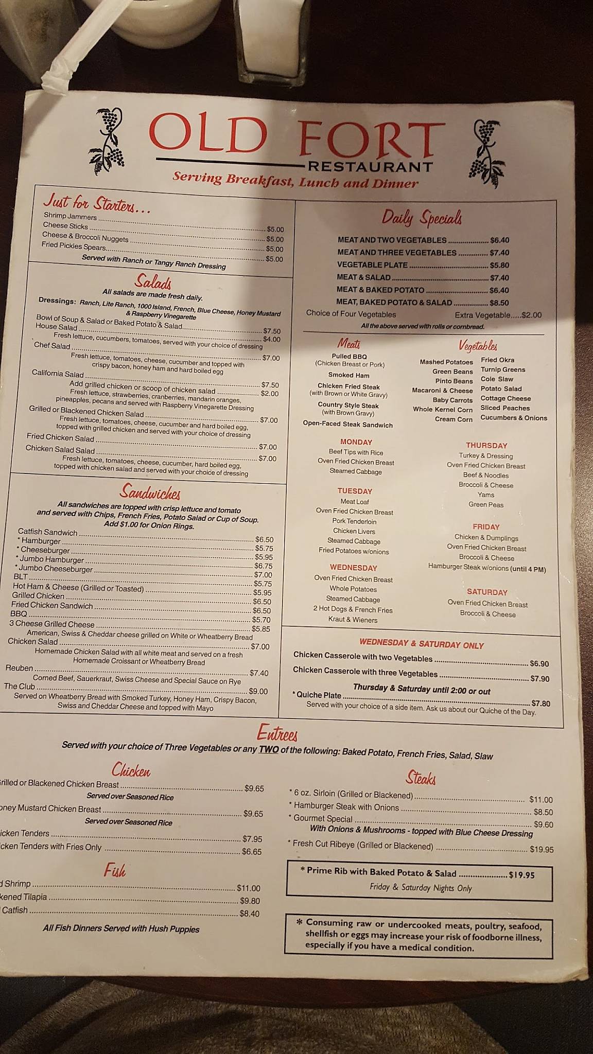 Menu at Old Fort restaurant, Cleveland, 25th St NW