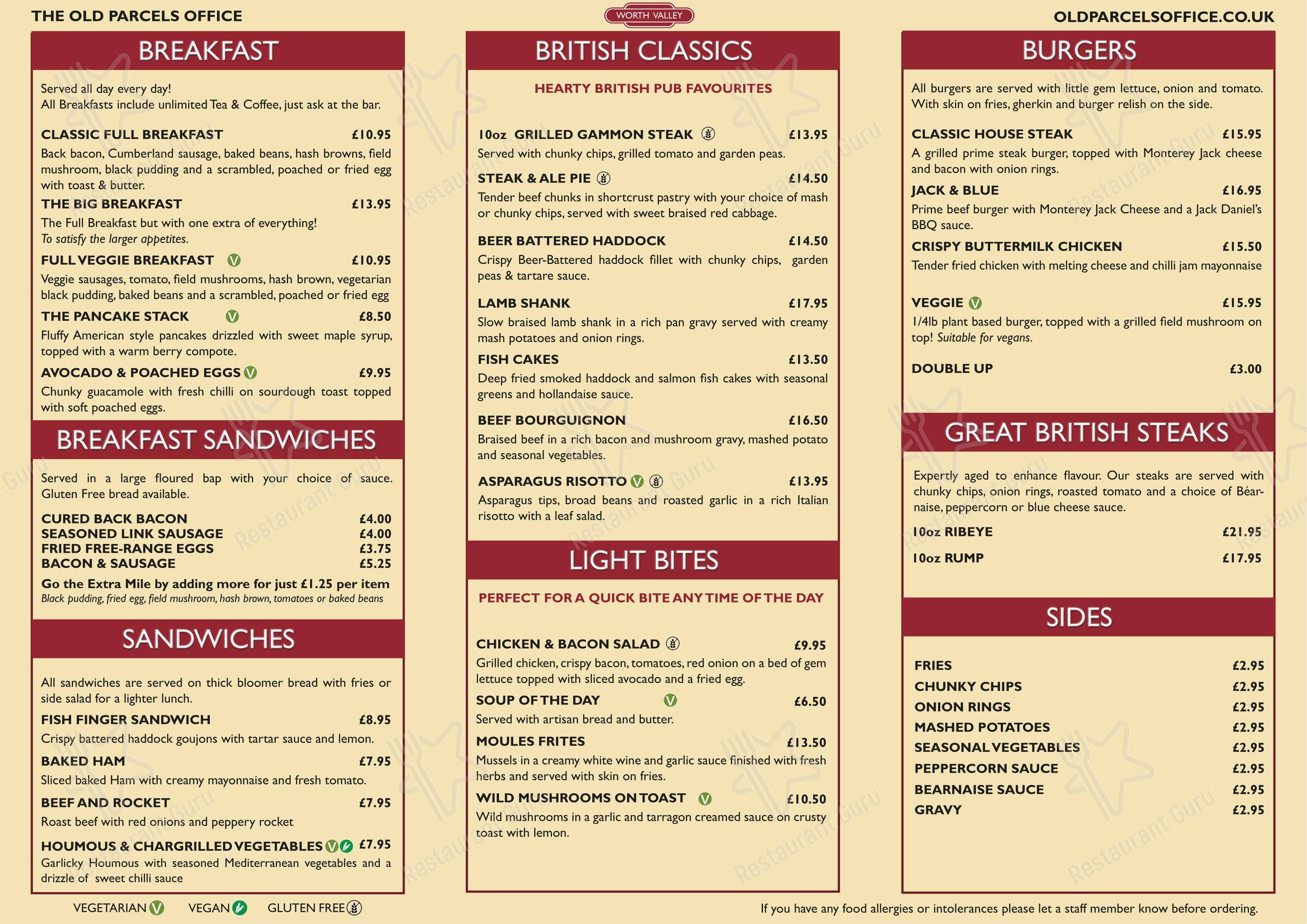 Menu at Old Parcels Office restaurant, Keighley