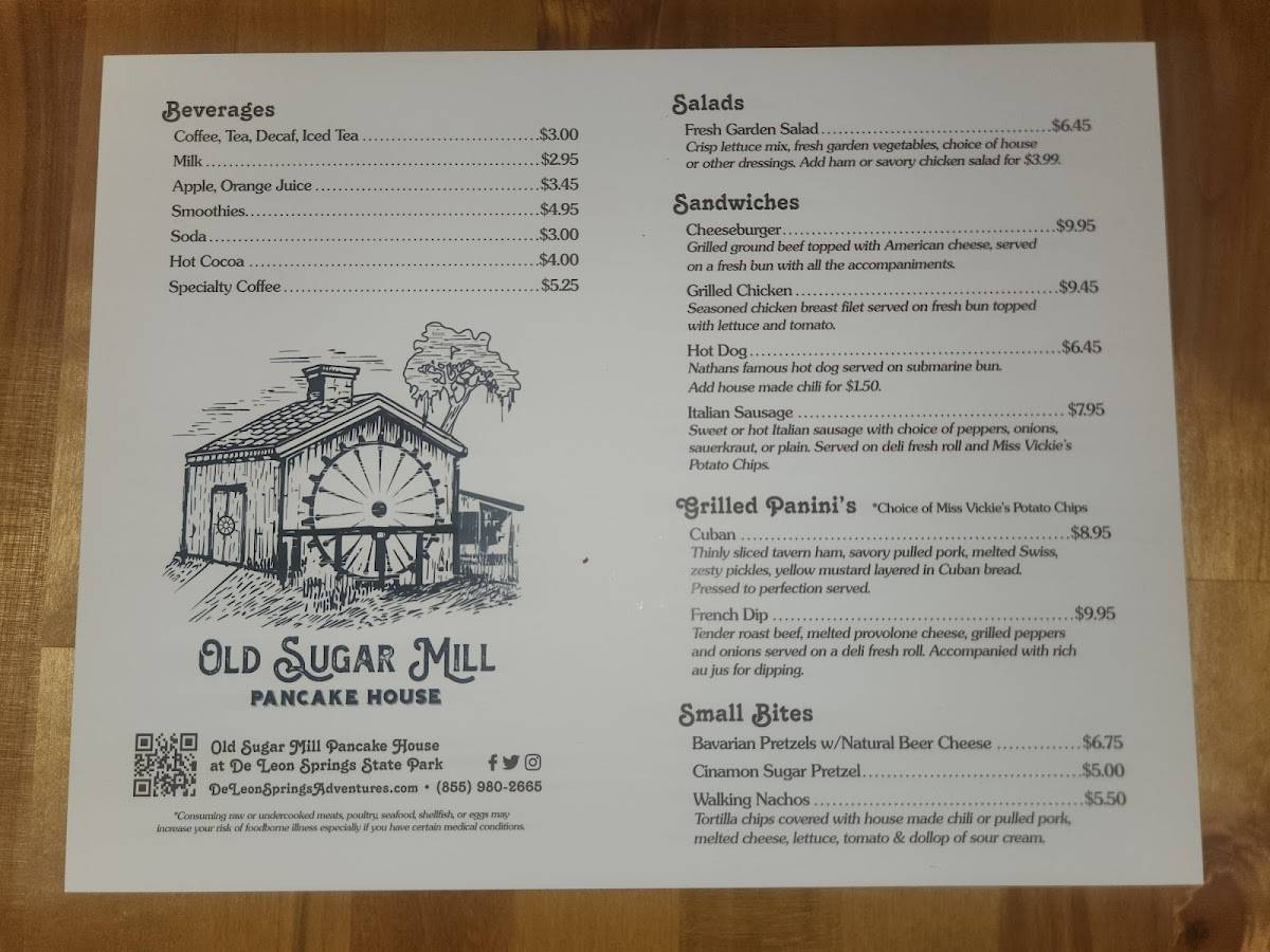 Menu at Old Spanish Sugar Mill restaurant, De Leon Springs