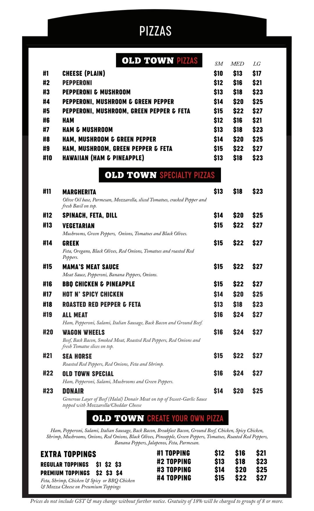 Menu at Old Town Pizza House Bar & Grill, Airdrie