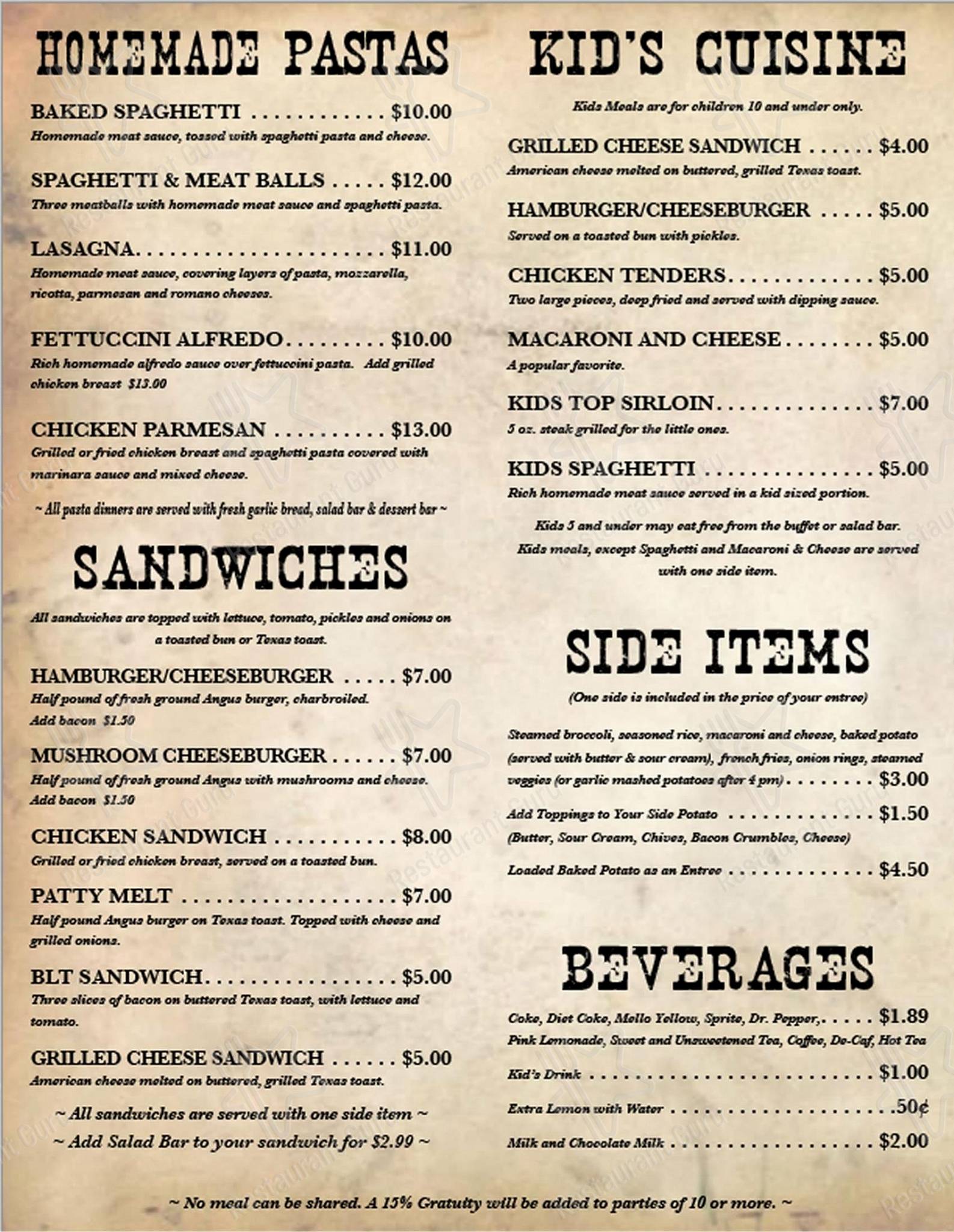 Menu at Old West Steakhouse - Paris, Paris