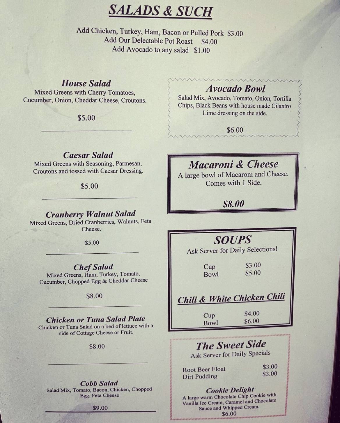 Menu at Old world Cafe, Columbia City