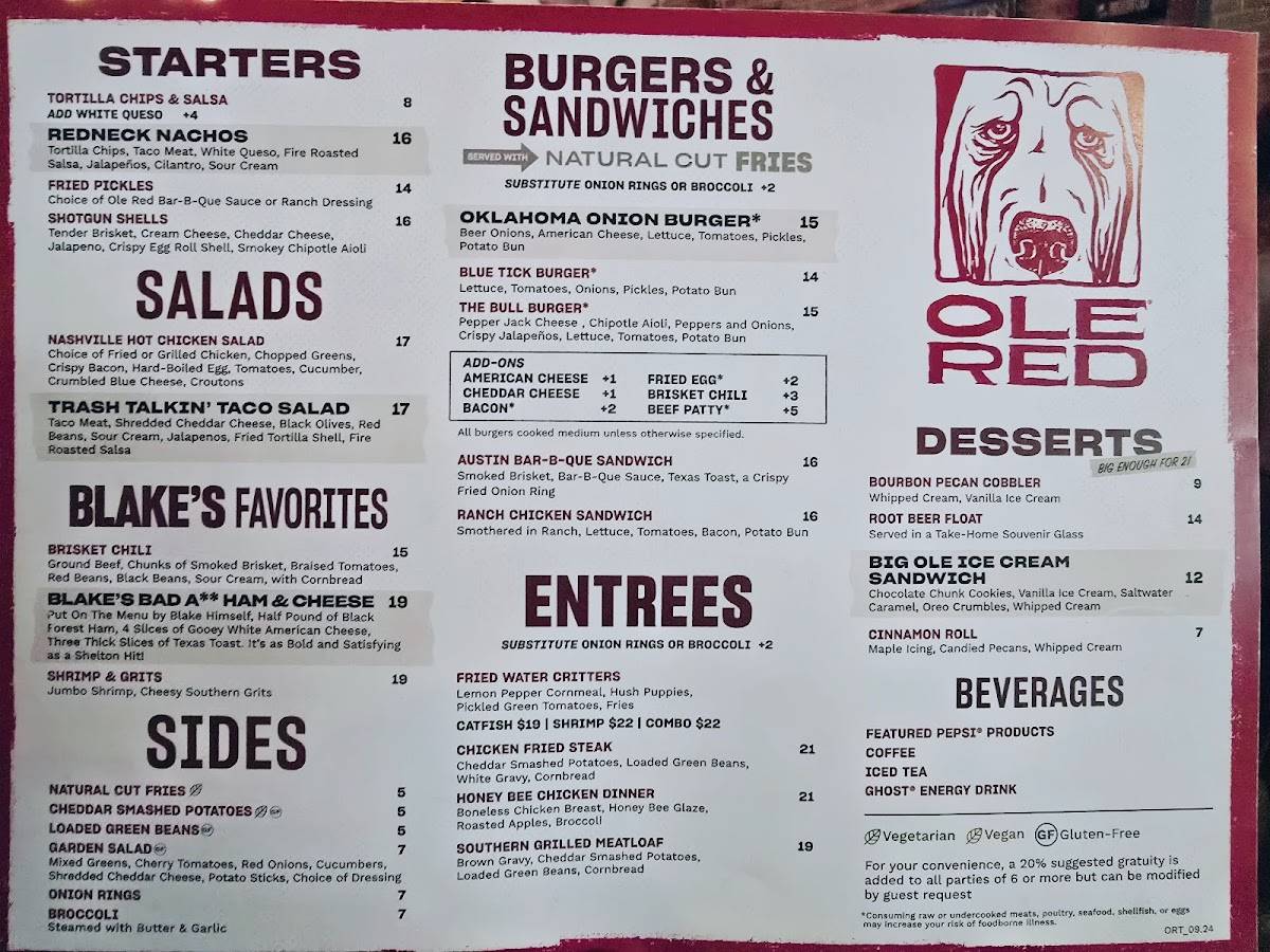 Menu at Ole Red pub & bar, Tishomingo