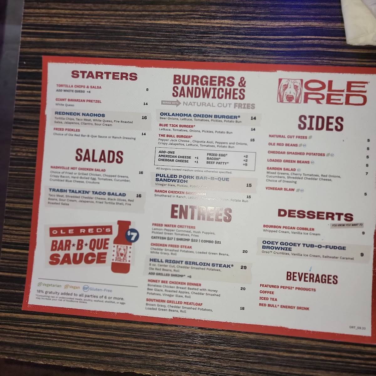 Menu at Ole Red pub & bar, Tishomingo