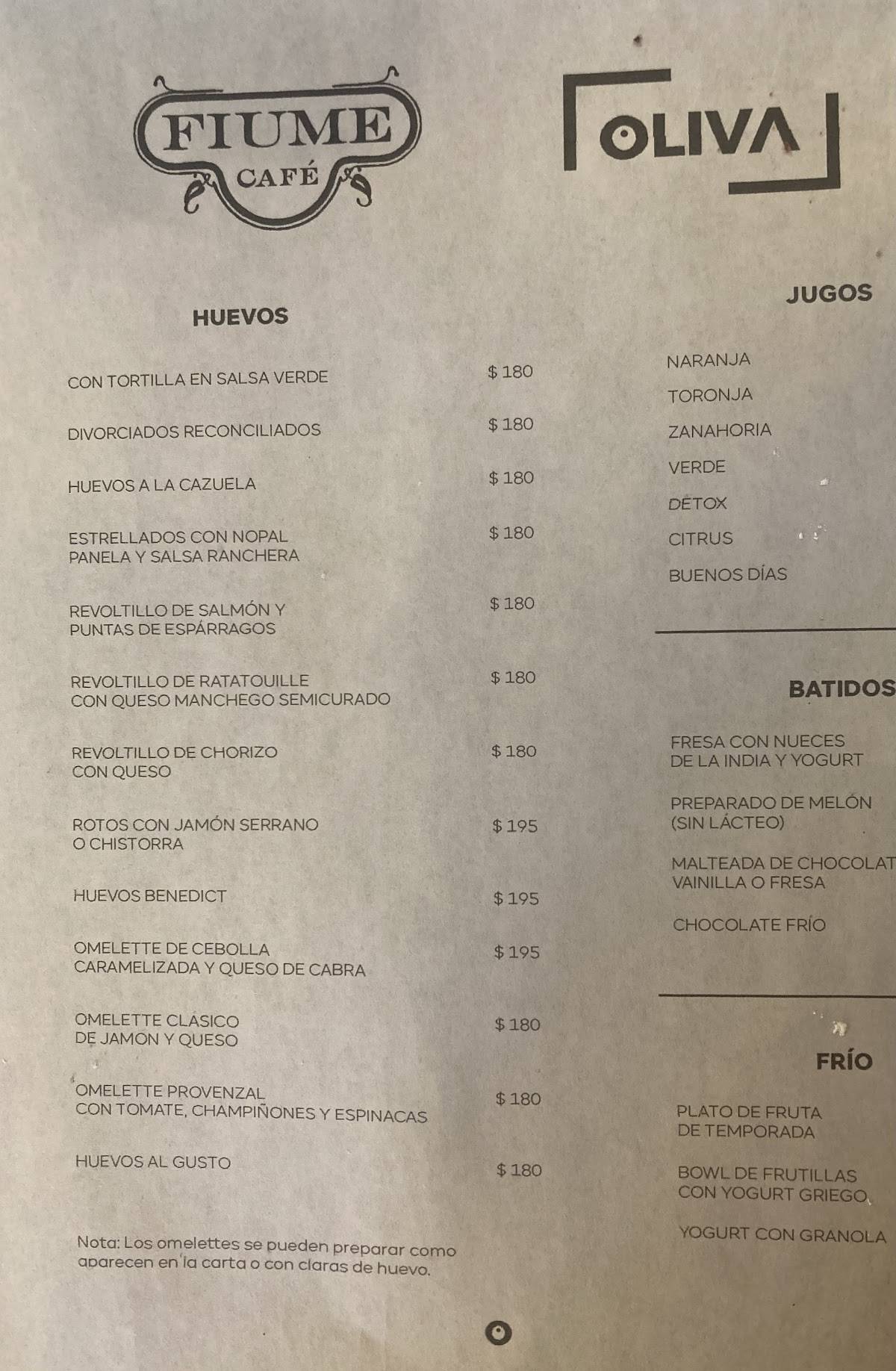 Menu at Oliva restaurant, Santiago de Querétaro