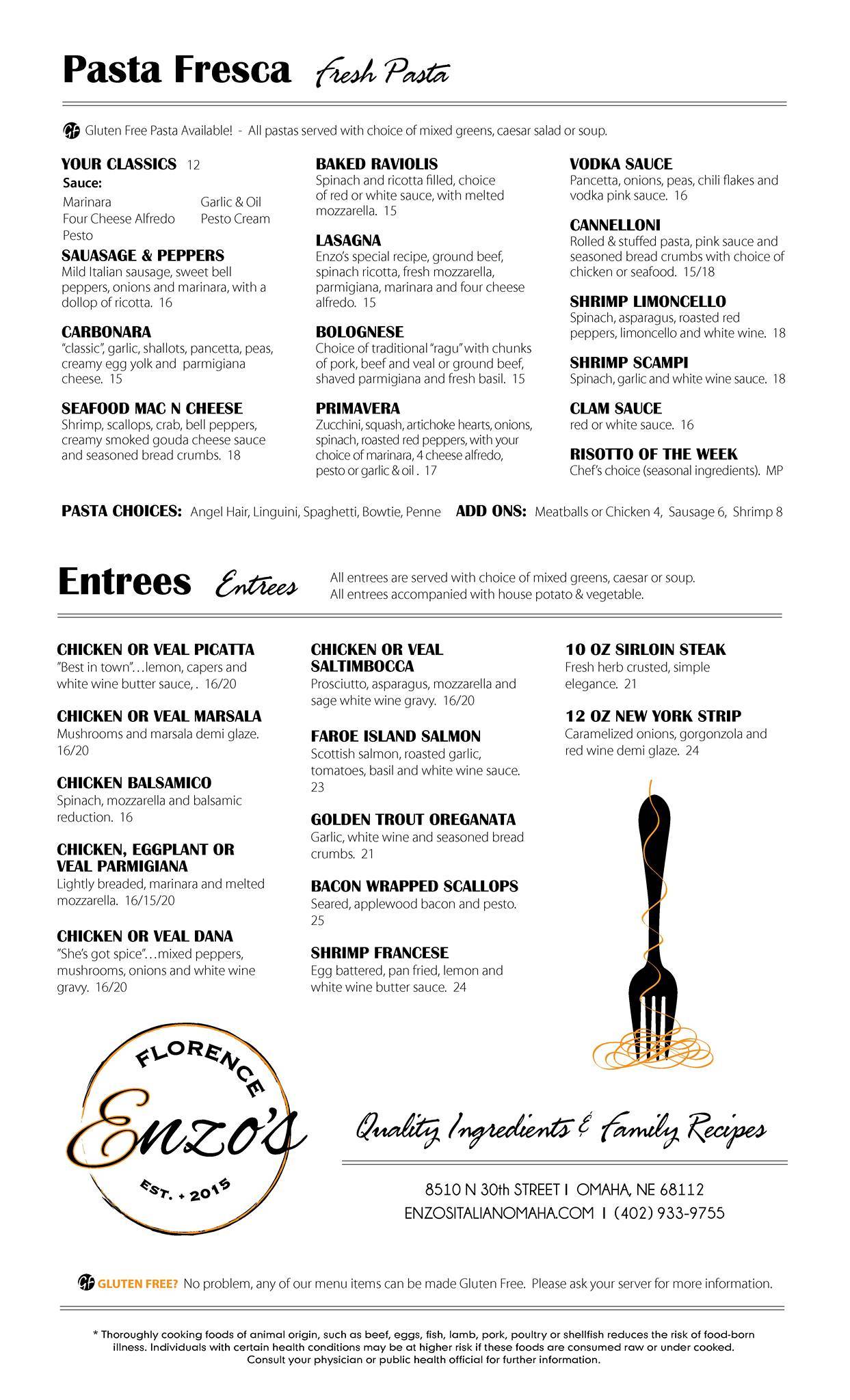 Menu at Enzo's Italian pizzeria, Omaha