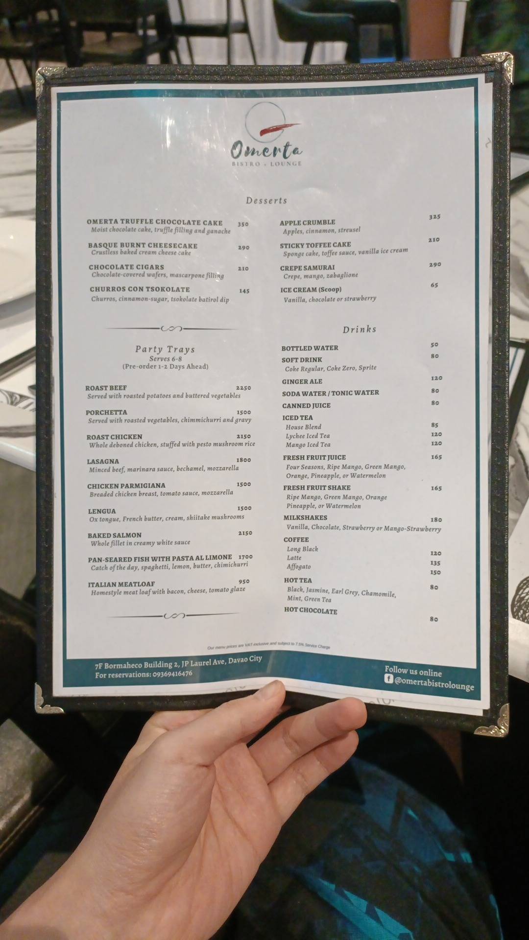Menu at Omerta Bistro + Lounge restaurant, Davao City