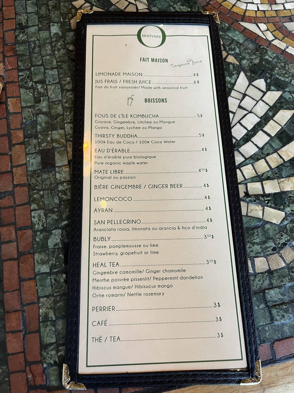 Menu au Omnivore St-Laurent restaurant, Montréal, St Laurent Blvd