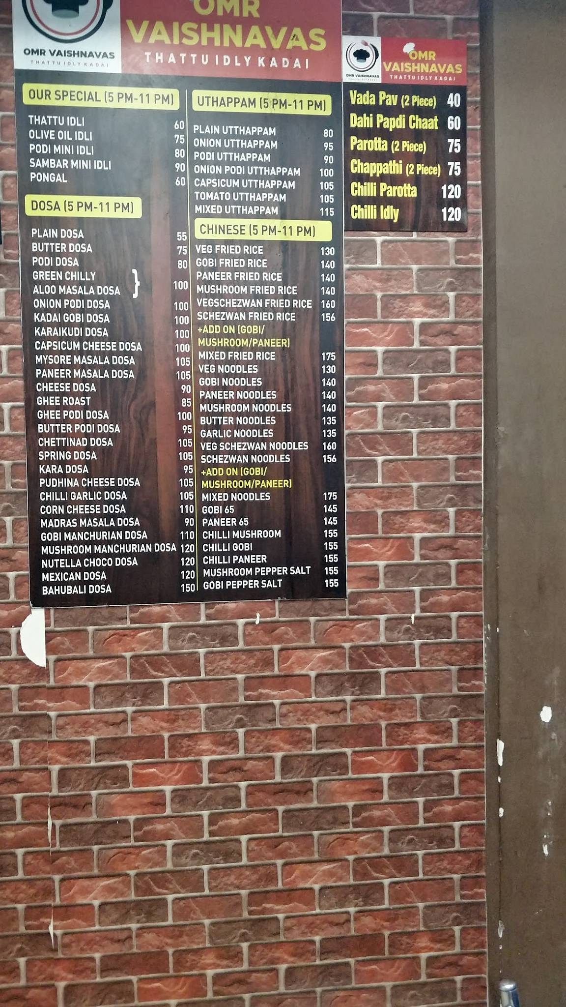 Menu at Omr vaishnavas Thattu Idly Kadai, Chennai