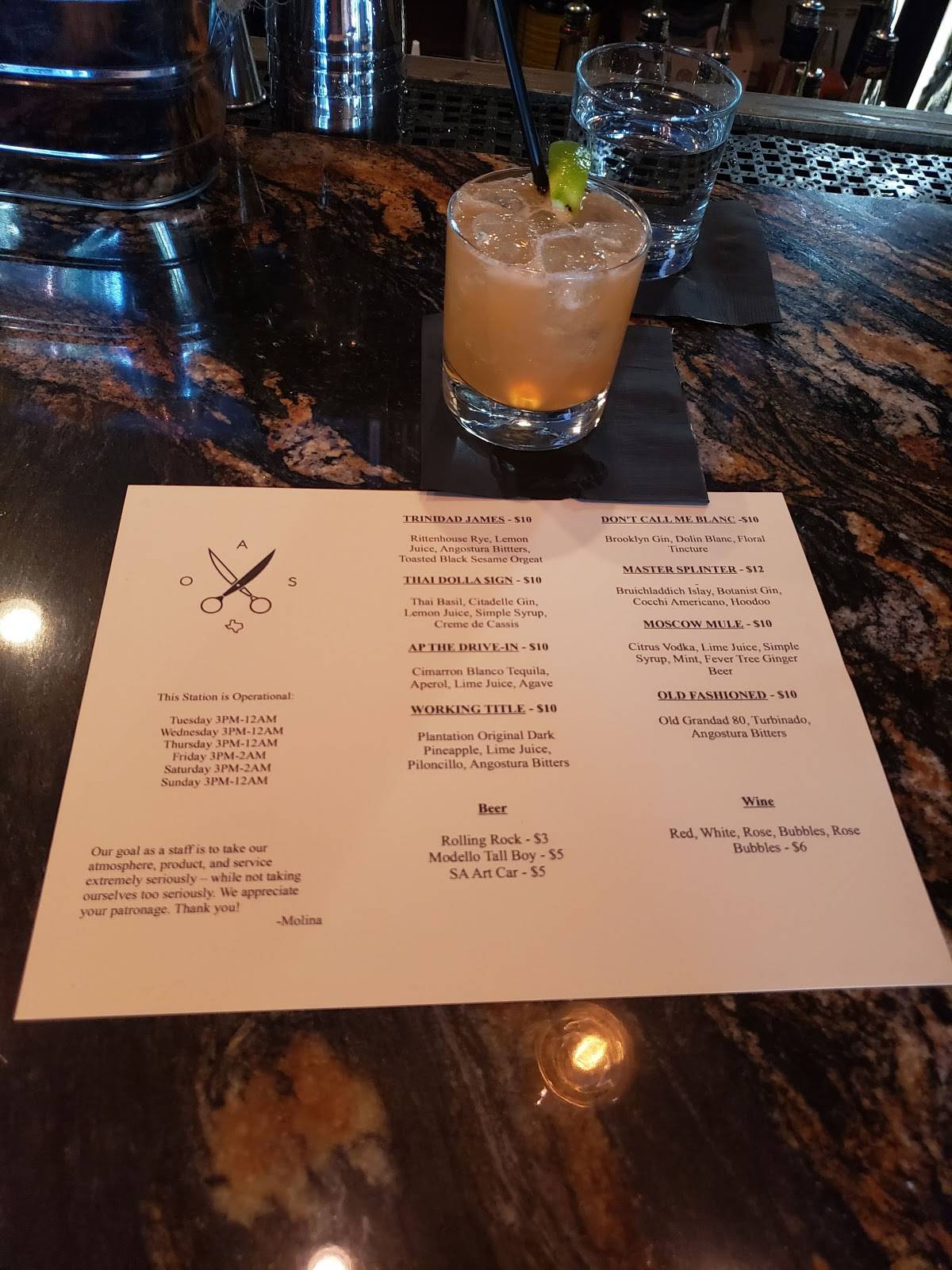 Menu at One Armed Scissor pub & bar, Houston, 208 Travis St