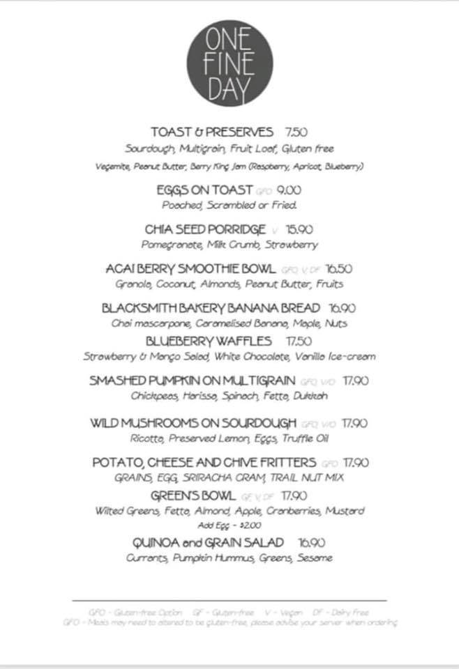 Menu at One Fine Day Cafe, Beaconsfield