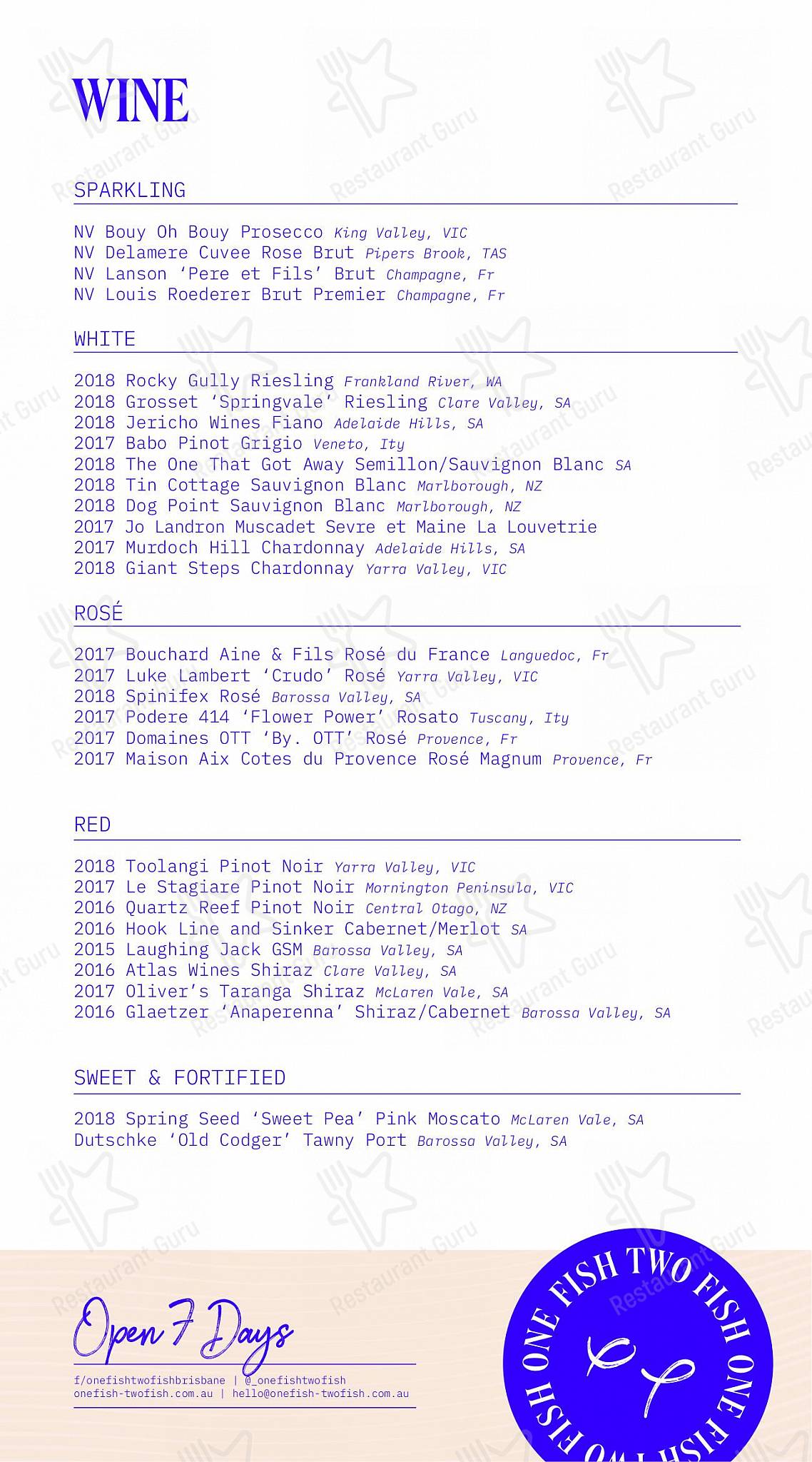 Menu at One Fish Two Fish restaurant, Kangaroo Point