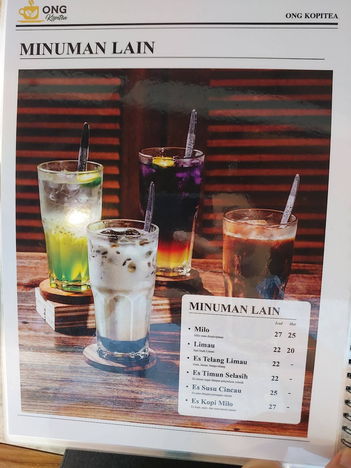 Menu at Ong Kopi Tea restaurant, Samarinda
