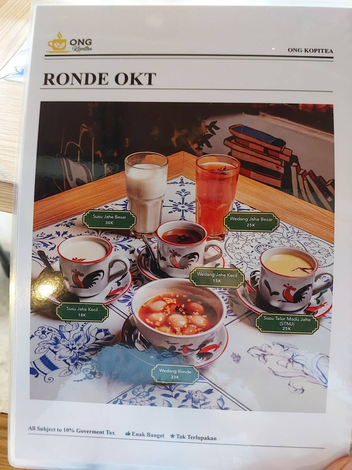 Menu at Ong Kopi Tea restaurant, Samarinda