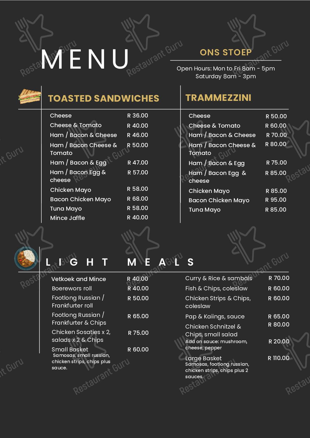 Menu at Ons Stoep restaurant, Edenvale