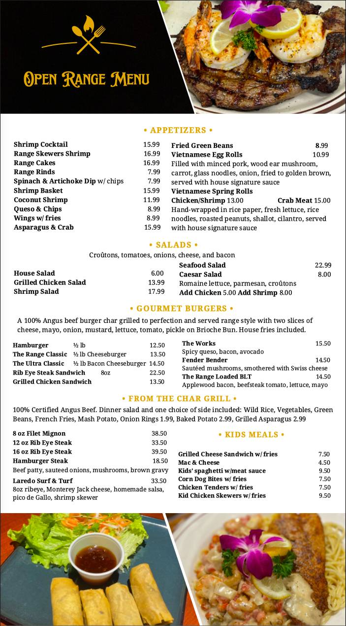 Menu at Open Range restaurant, Damon, 106 Bryan St