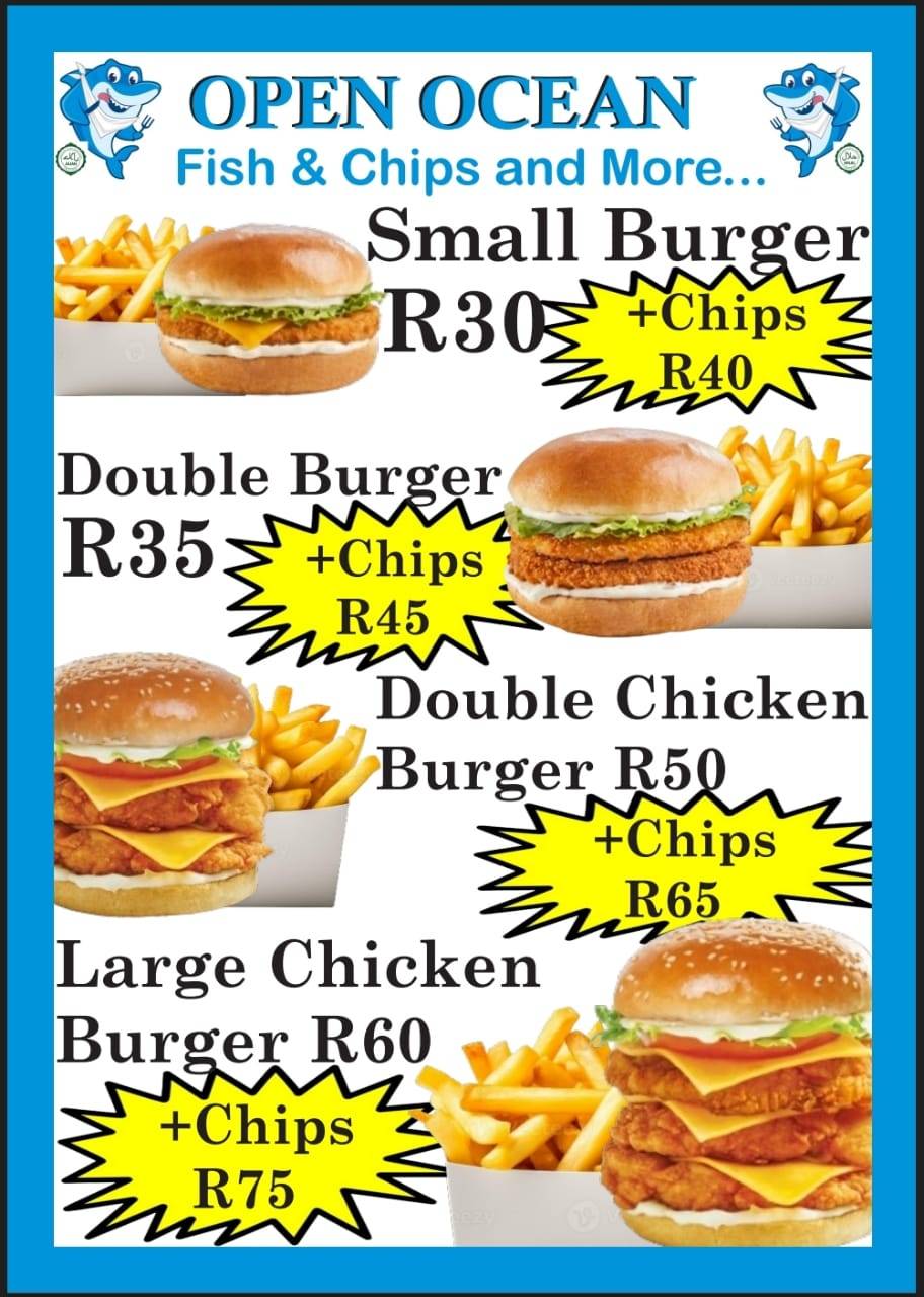 Menu at Open ocean fish and chips halal restaurant, Langebaan