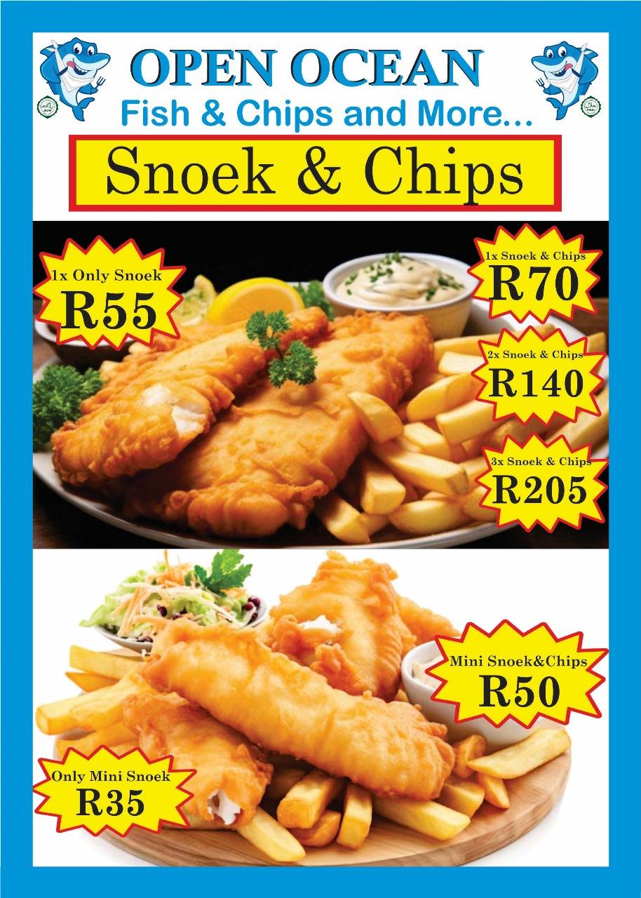 Menu at Open ocean fish and chips halal restaurant, Langebaan