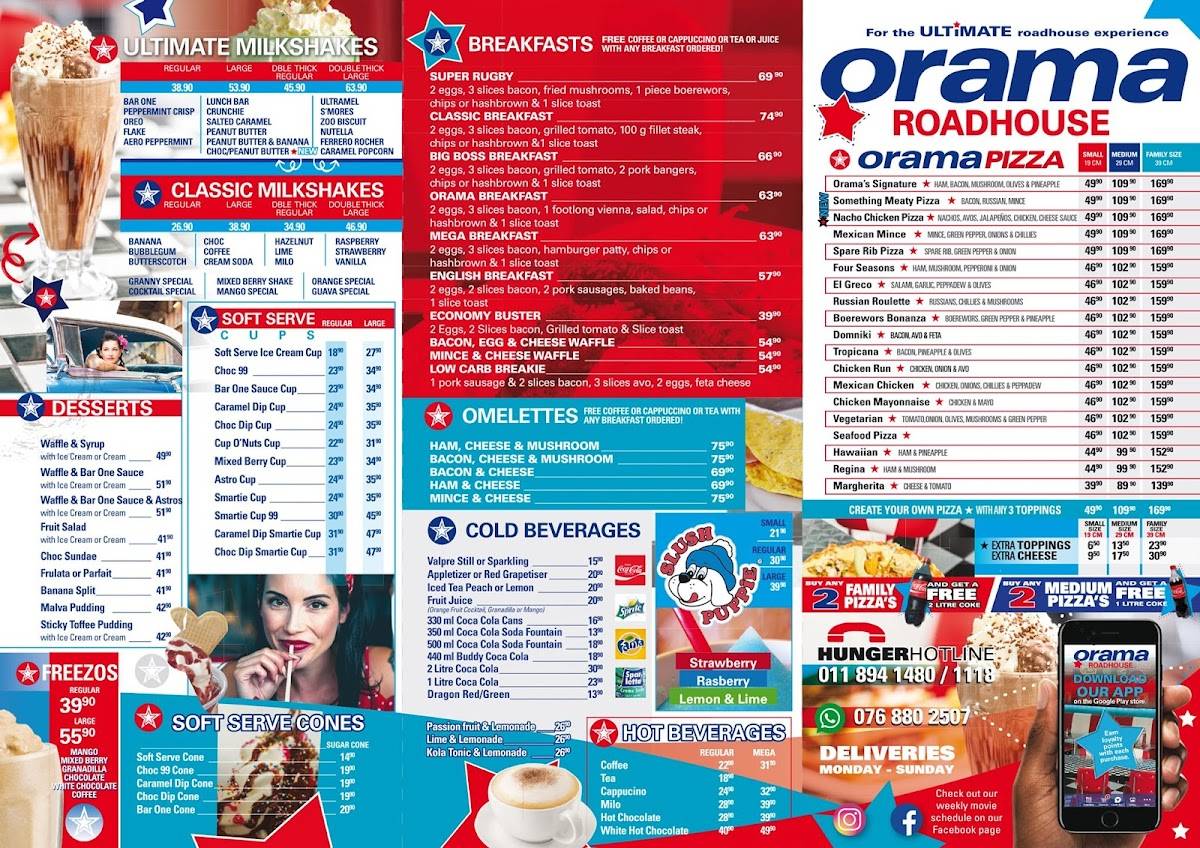 Menu at Orama Roadhouse restaurant, Boksburg