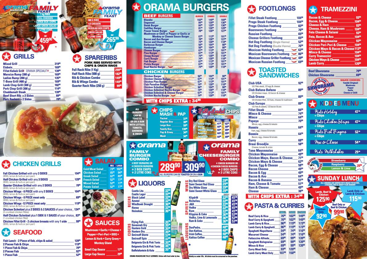 Menu at Orama Roadhouse restaurant, Boksburg
