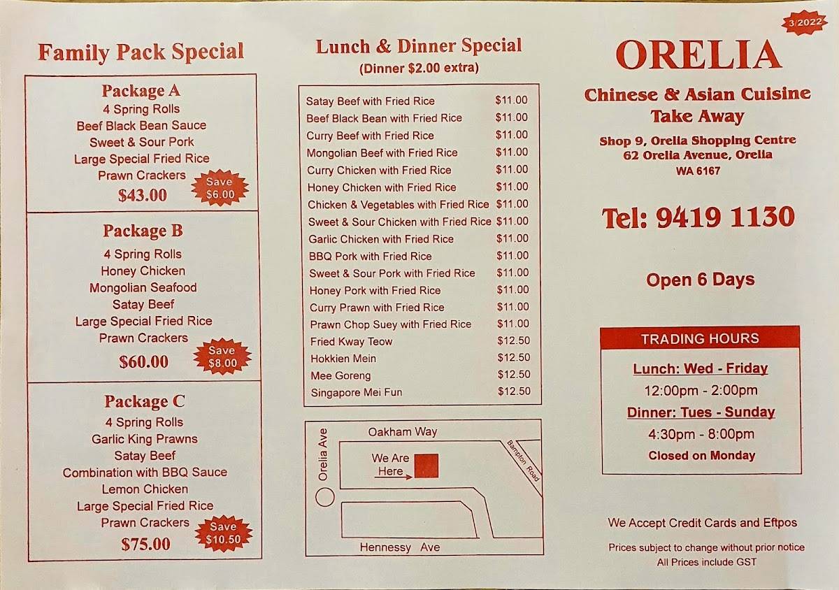 Menu at Orelia Chinese & Asian Cuisine Take Away restaurant, Orelia