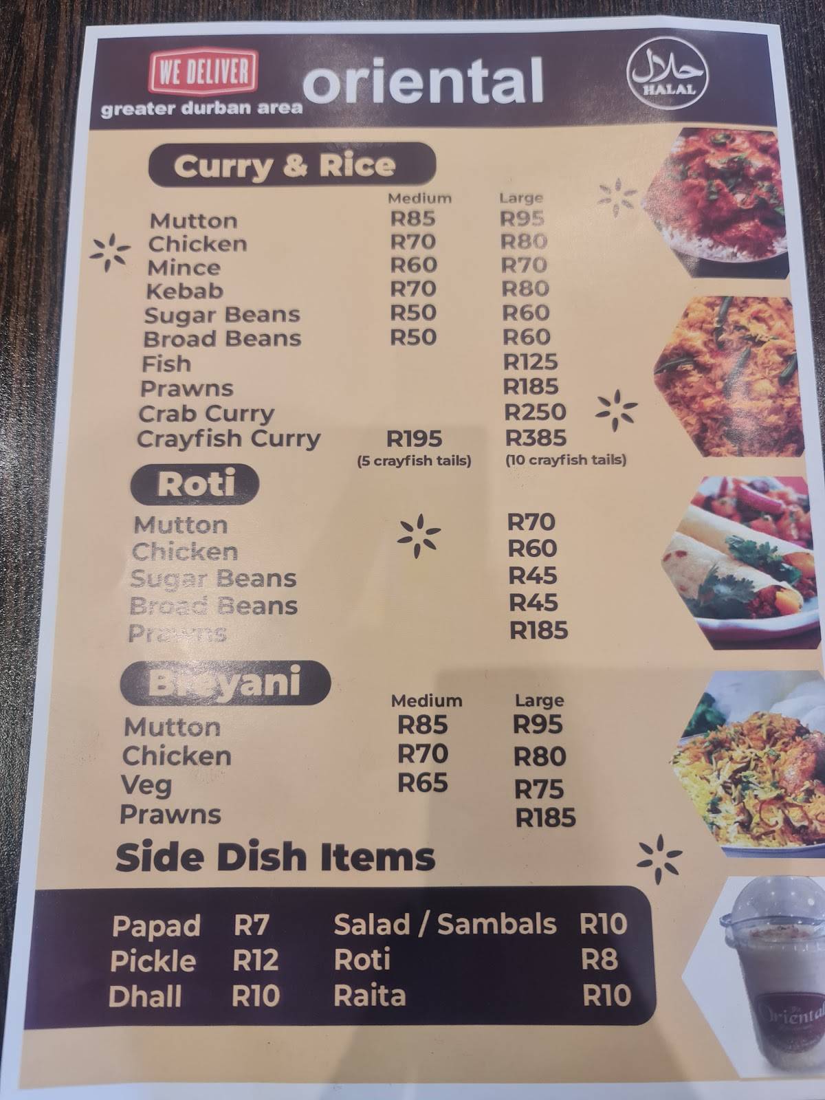 Menu at Orientals restaurant, Durban