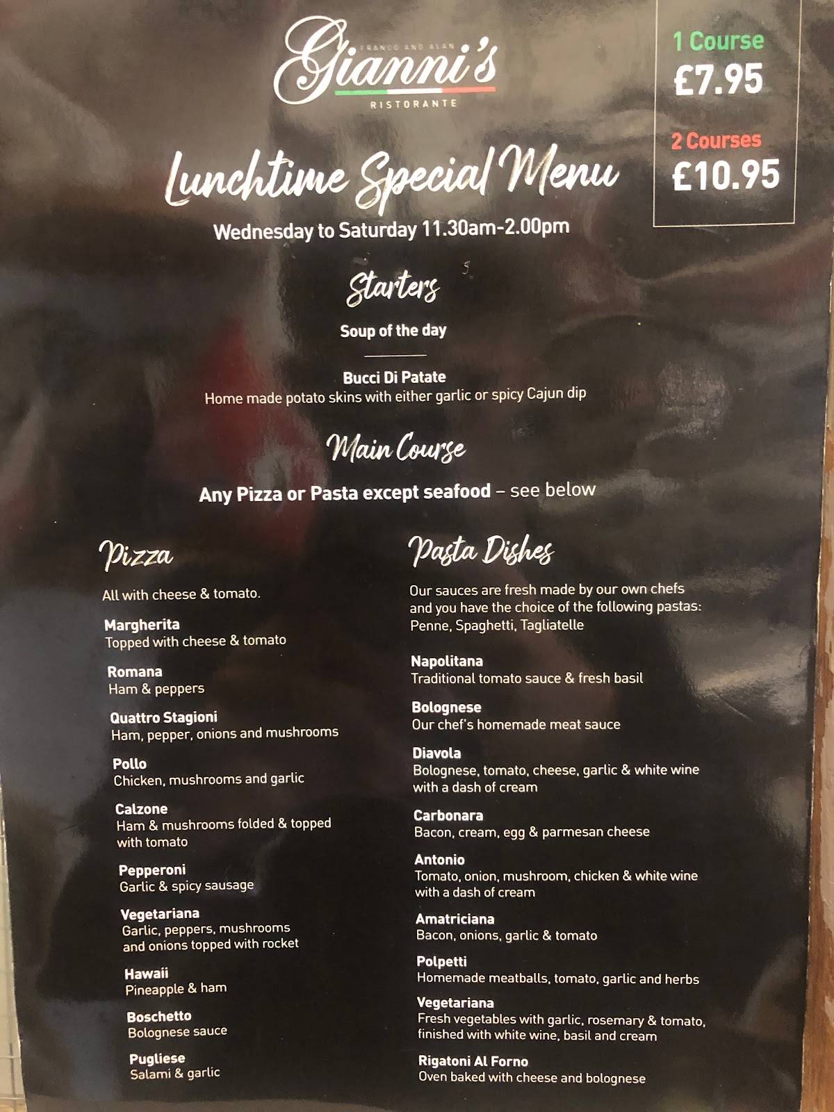 Menu at Original Gianni's restaurant, Morpeth