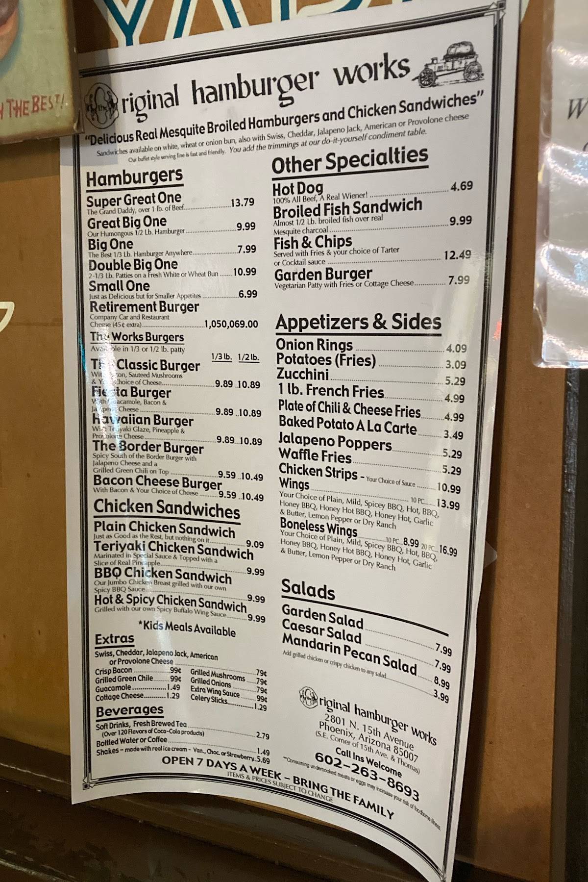 Menu at Original Hamburger Works pub & bar, Phoenix