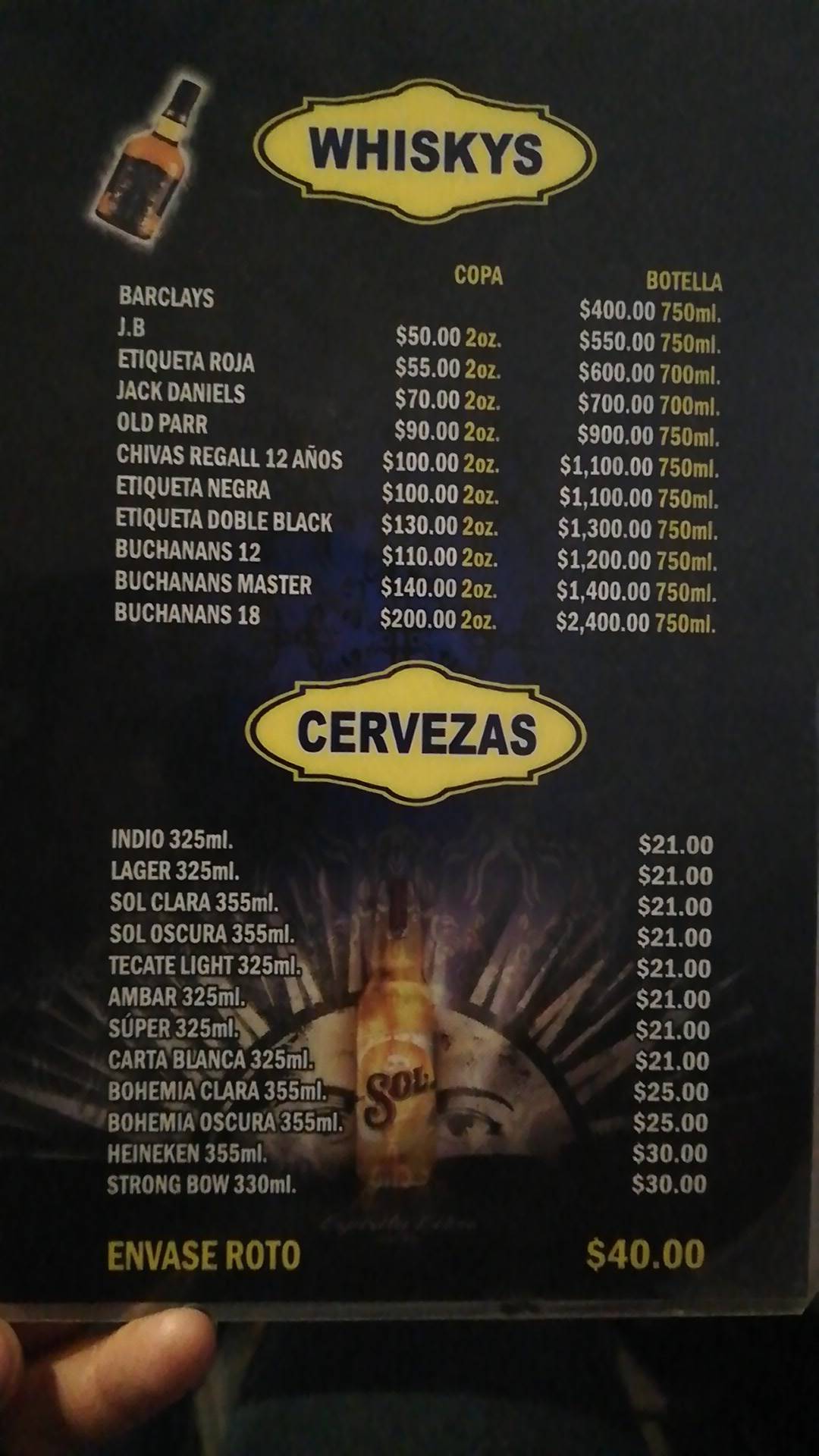 Carta del pub y bar El Fortín, Orizaba