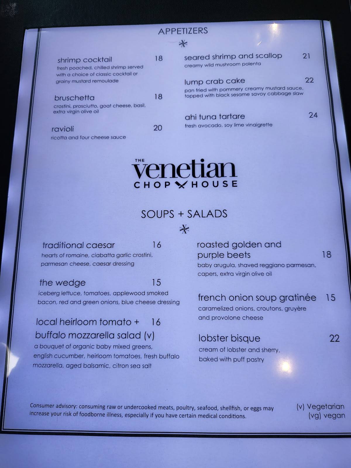 Menu at The Venetian Chop House steakhouse, Orlando