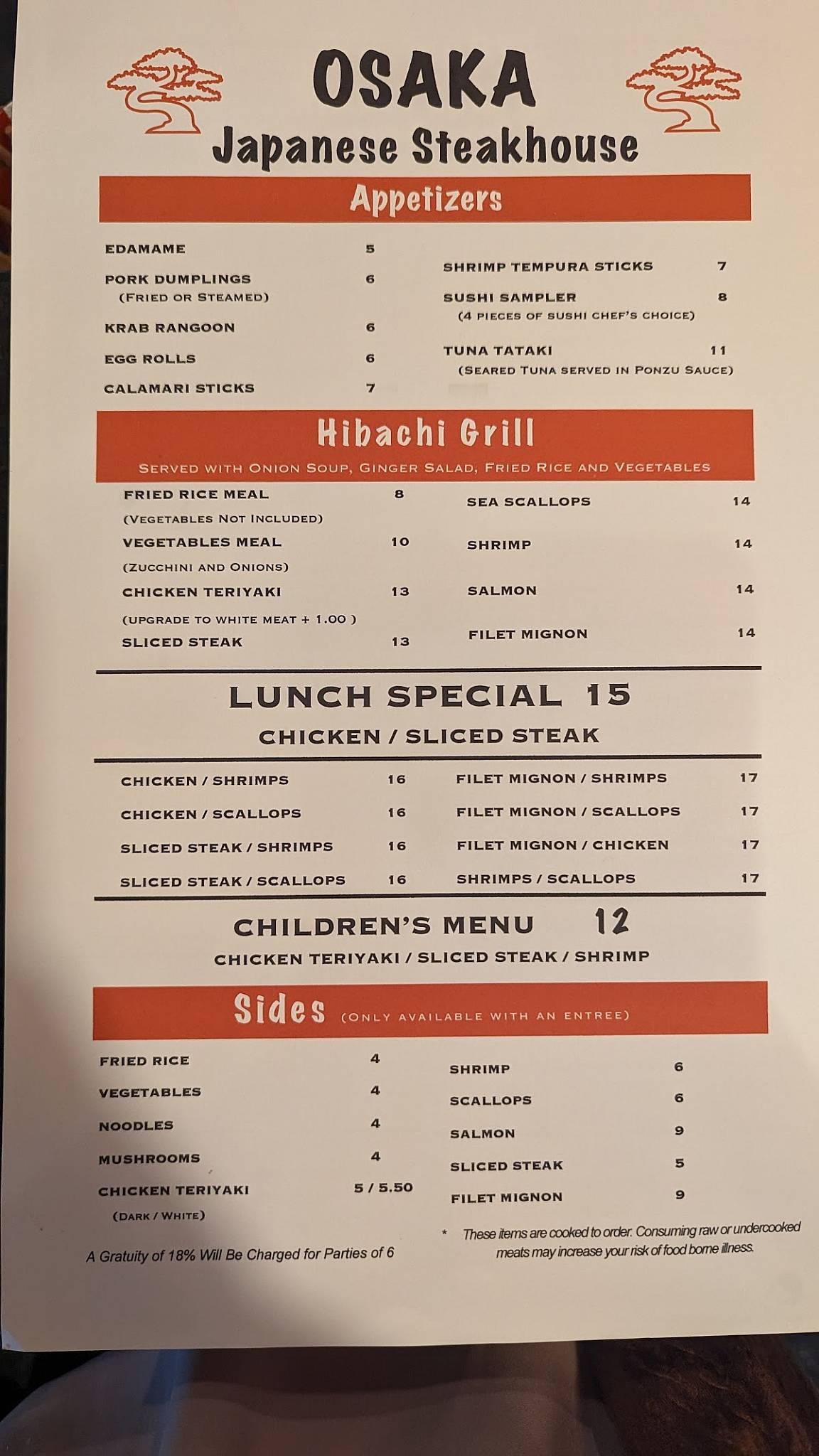 Menu at Osaka Japanese Steakhouse, Auburndale