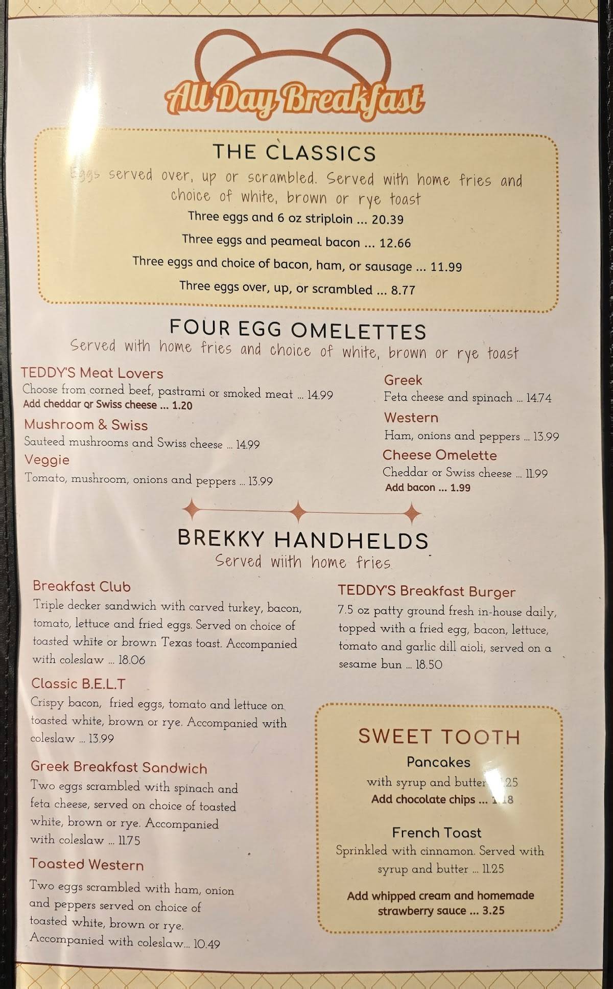 Menu at Teddy's Restaurant & Deli, Oshawa