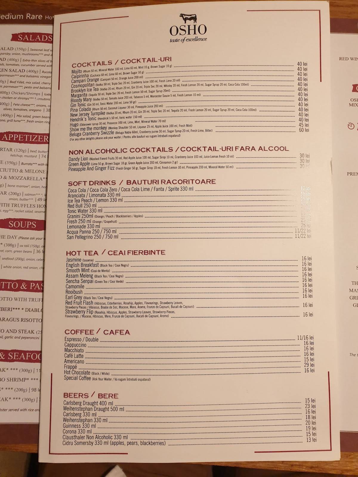 Menu at Osho, Bucharest