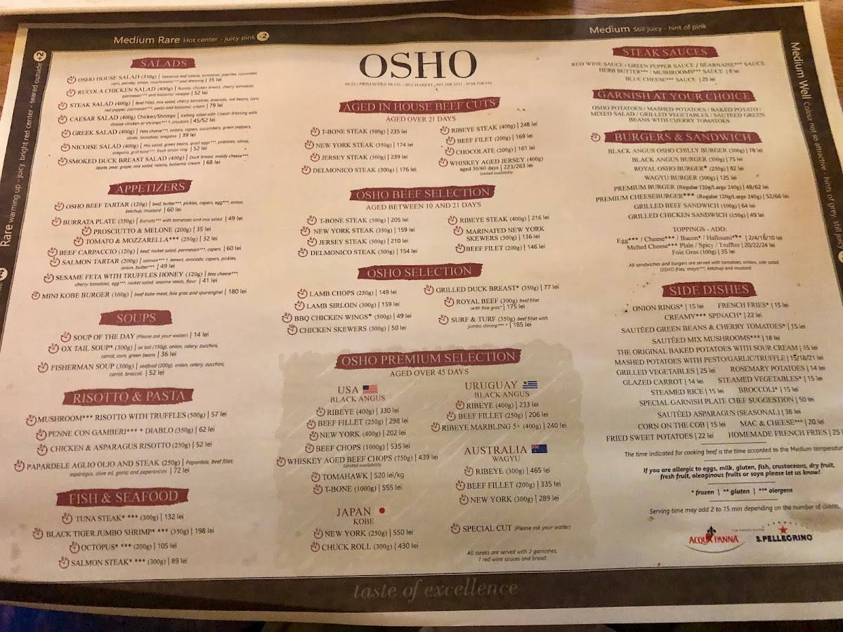 Menu at Osho, Bucharest
