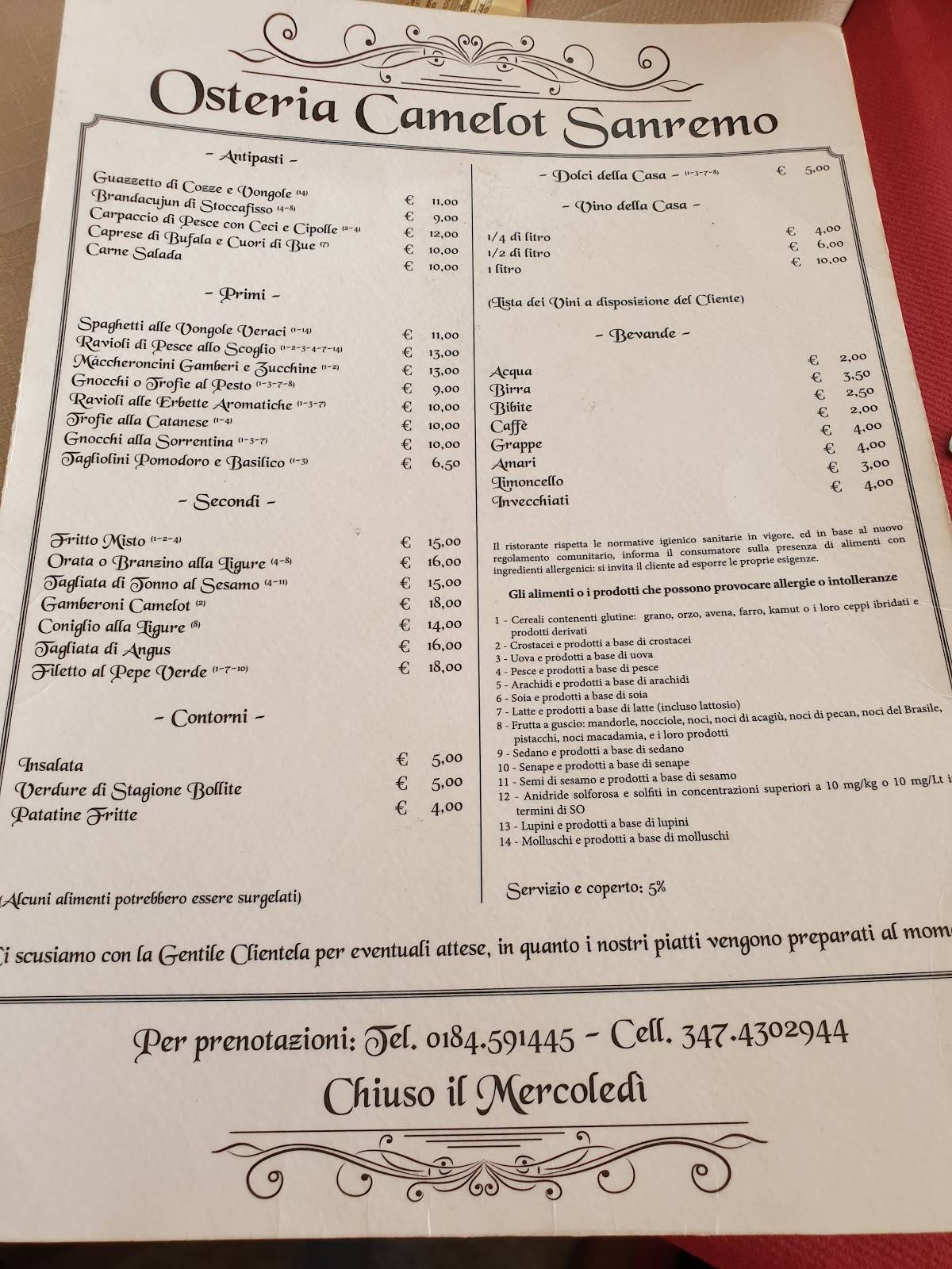 Menu da Osteria Camelot Sanremo ristorante, Sanremo