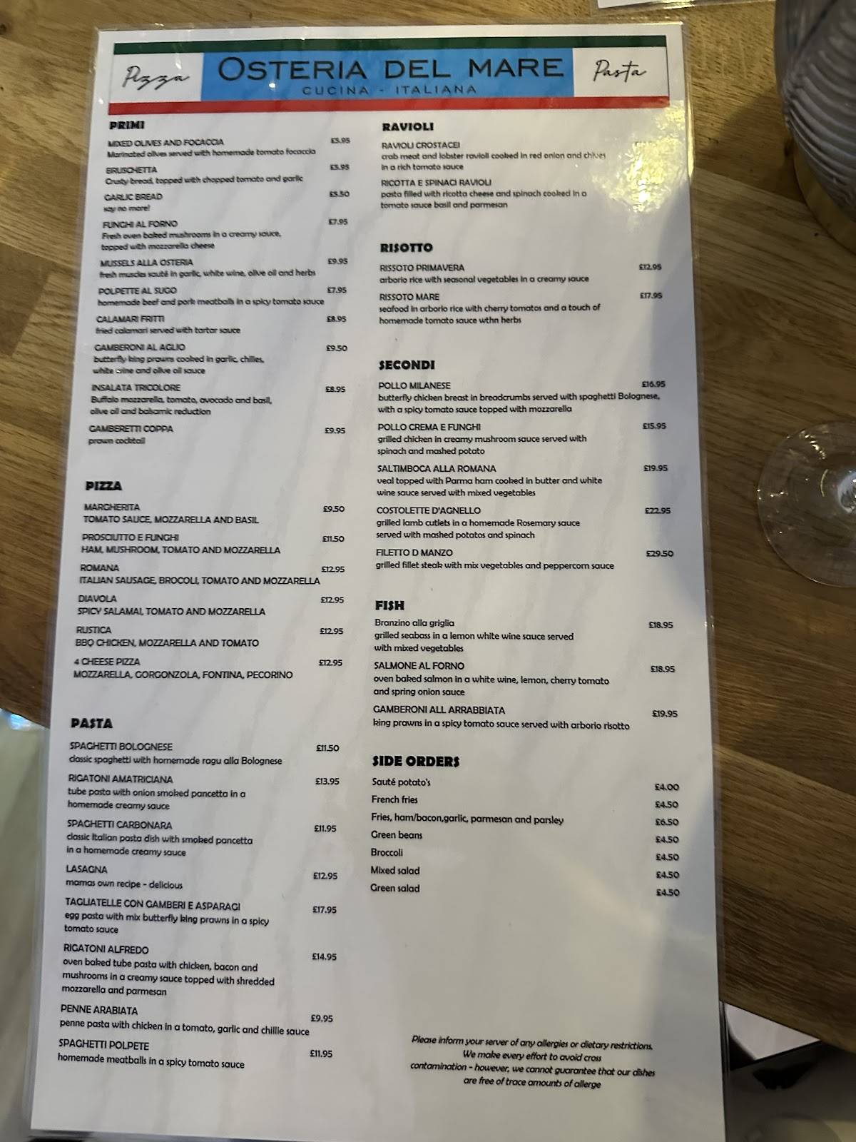 Menu at Osteria Del Mare restaurant, Frinton-on-Sea