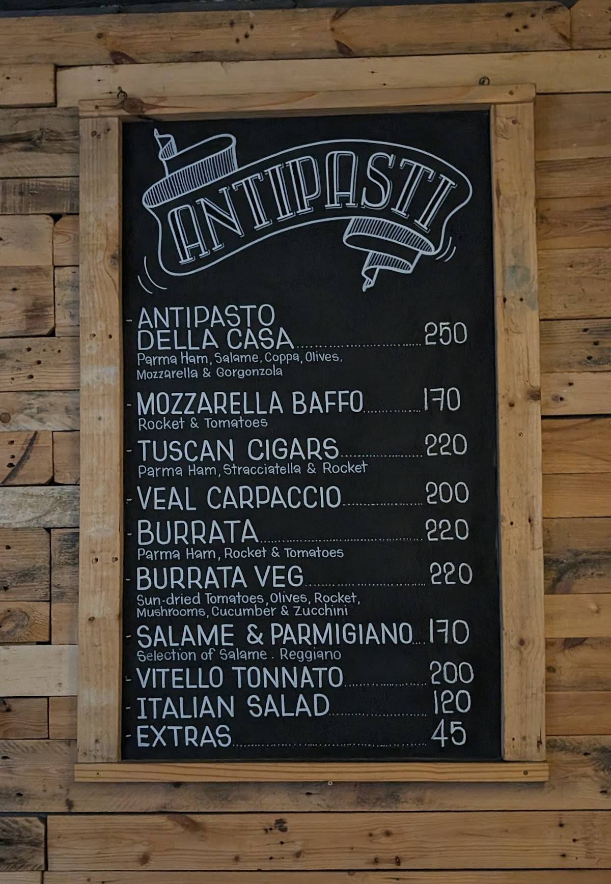 Menu at Osteria Tarantino restaurant, Cape Town
