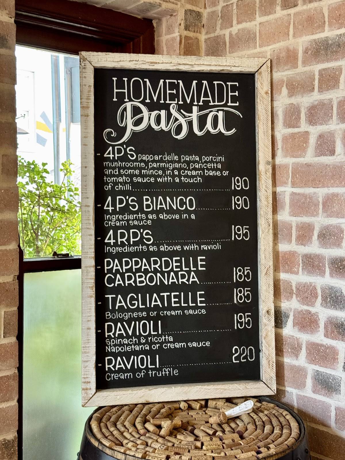 Menu at Osteria Tarantino restaurant, Cape Town