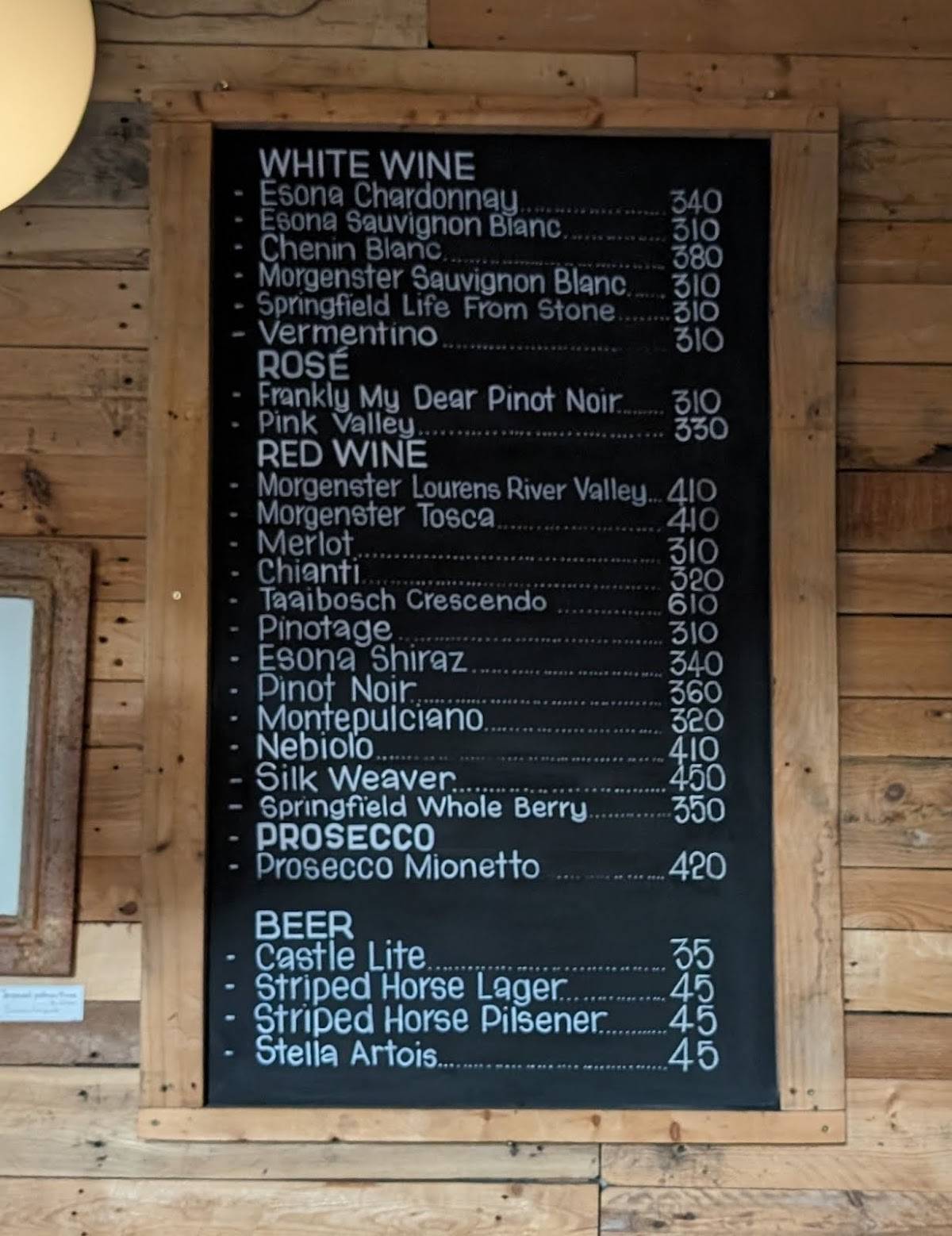 Menu at Osteria Tarantino restaurant, Cape Town