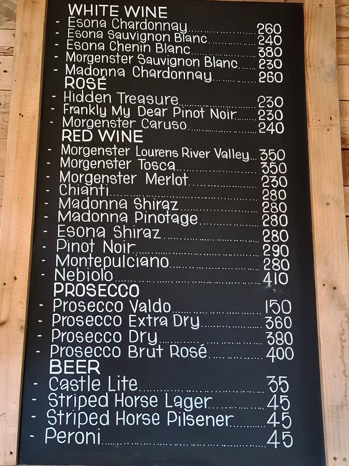 Menu at Osteria Tarantino restaurant, Cape Town