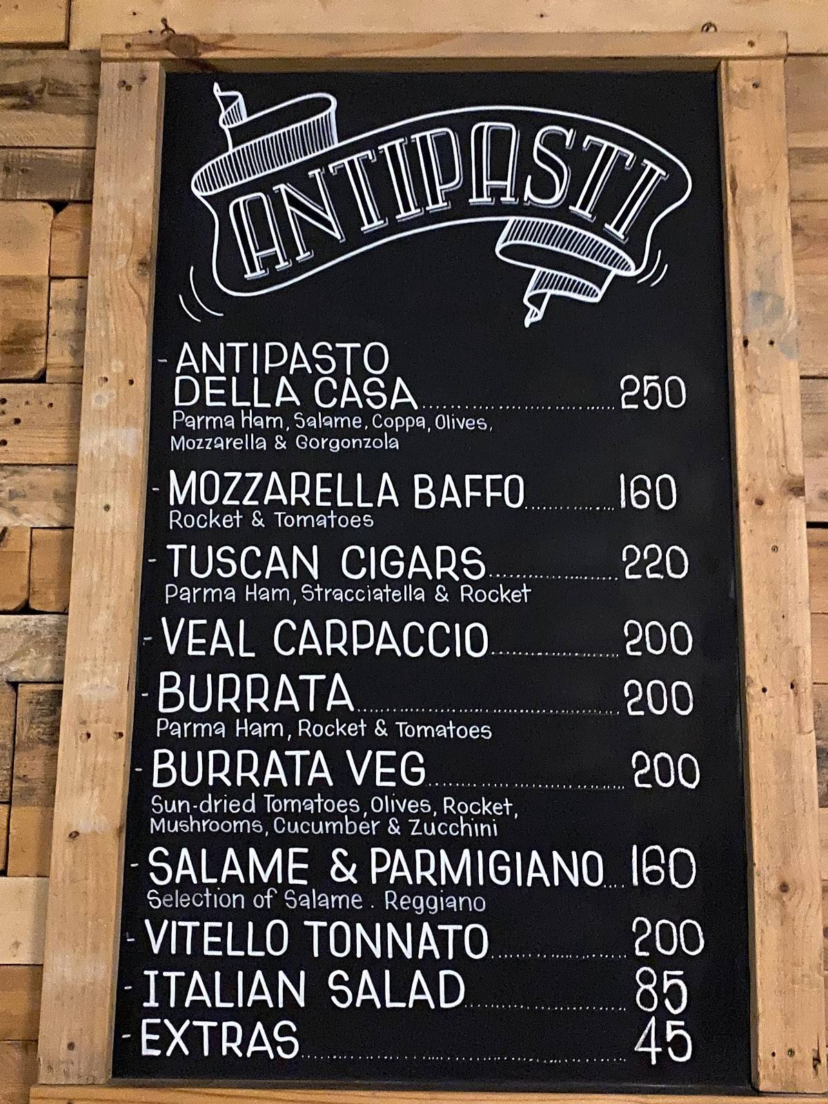 Menu at Osteria Tarantino restaurant, Cape Town