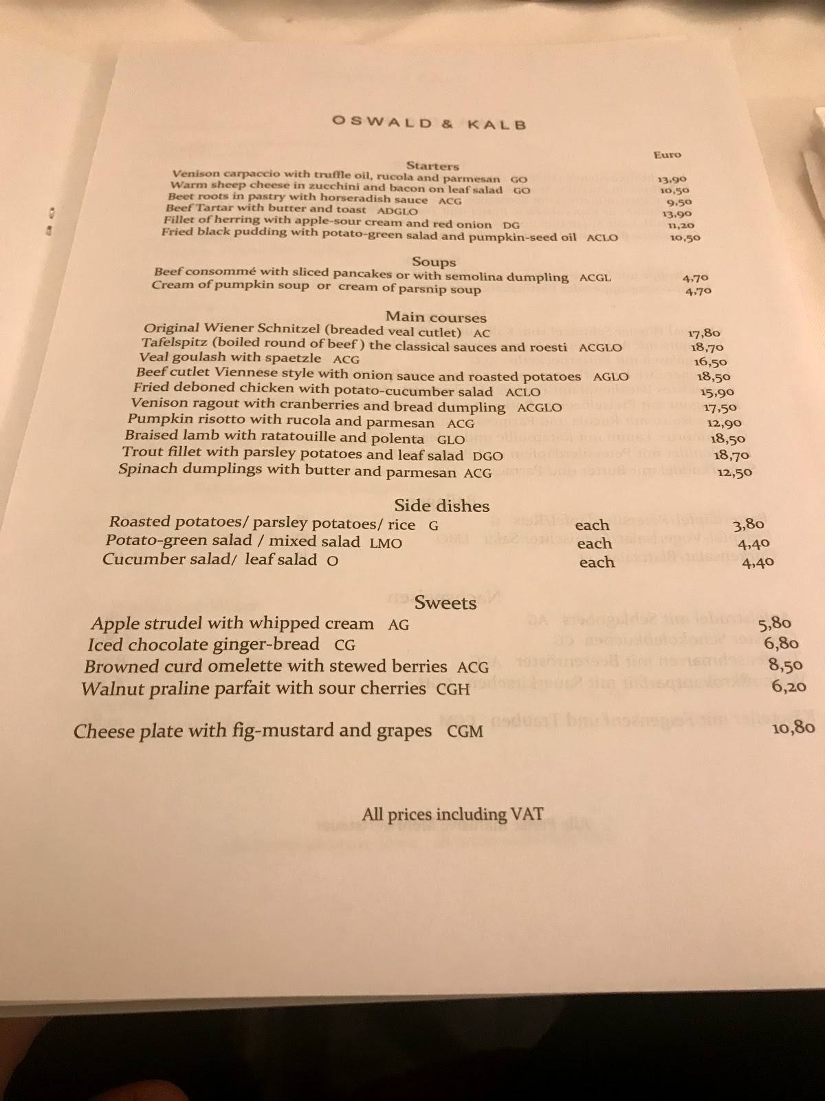 Carta del restaurante Oswald & Kalb, Viena, Bäckerstraße 14